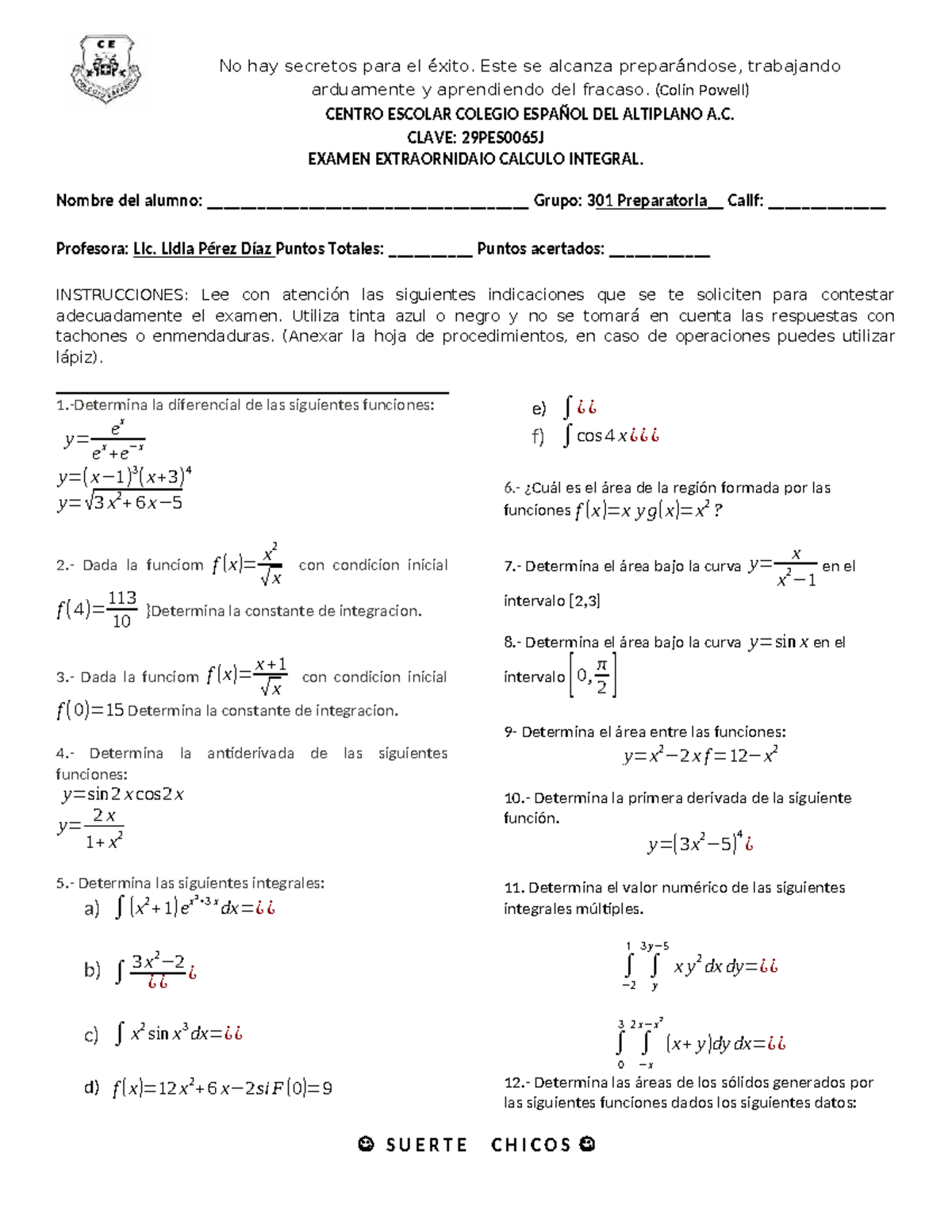 601P - Examen Extraordinario de Cálculo Integral - Studocu