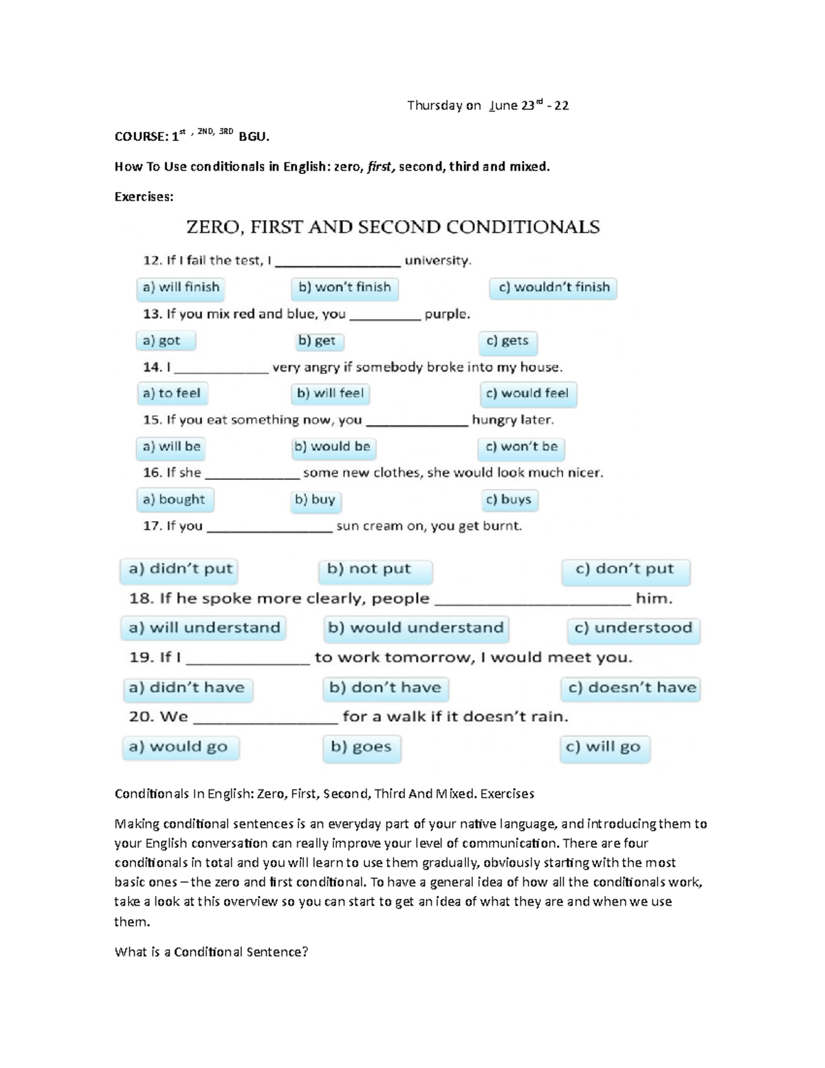 How To Use conditionals Zero-first second NB 22 - copia - COURSE: 1st ...
