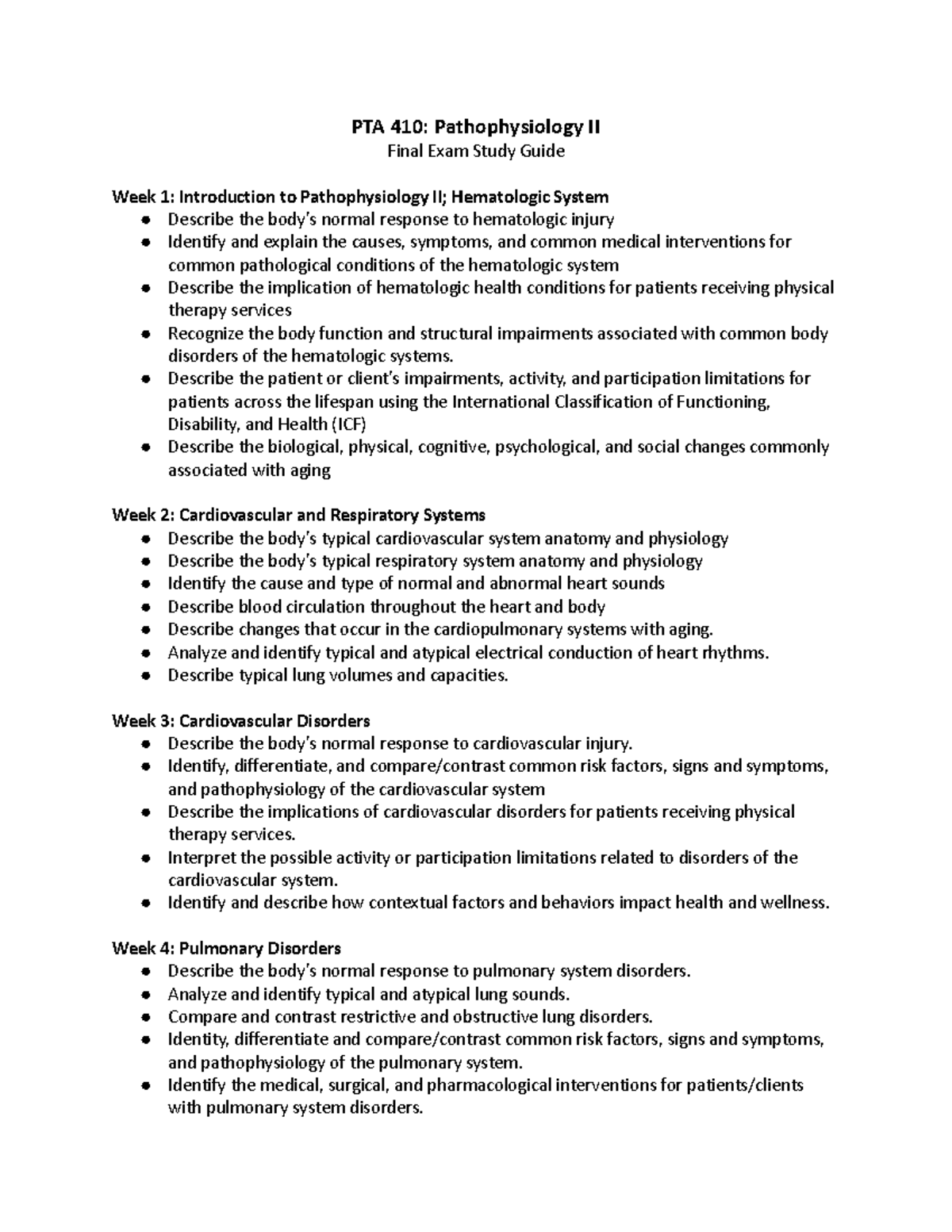 PTA 410: Final Exam Study Guide for Pathophysiology II Overview - Studocu