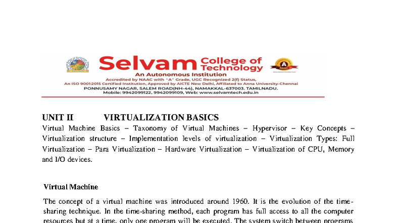 Unit II Virtualization Basics: VM Concepts & Hypervisor Overview - Studocu