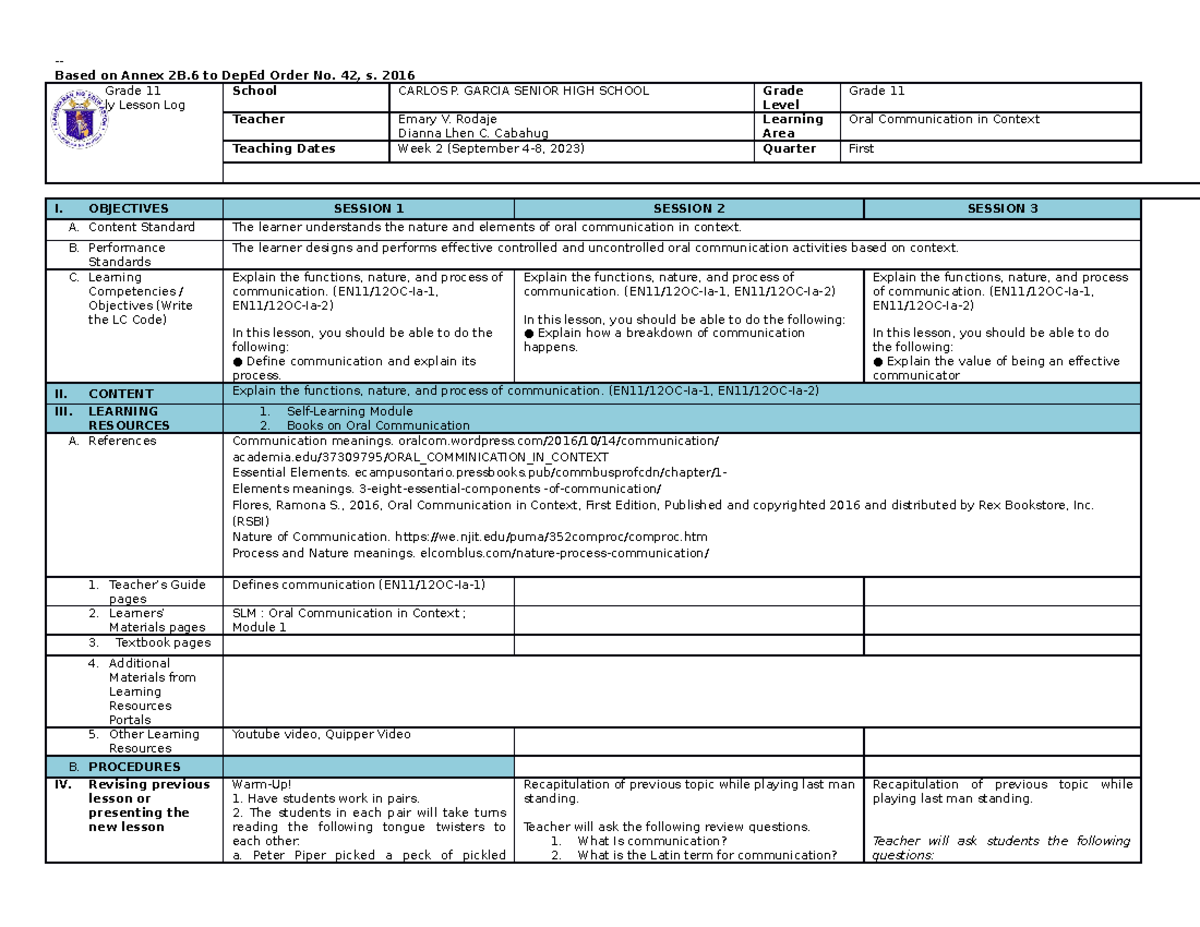 DLL-Q1-W2-ORAL COM - Week 2 Daily Lesson Log for Oral Communication in ...