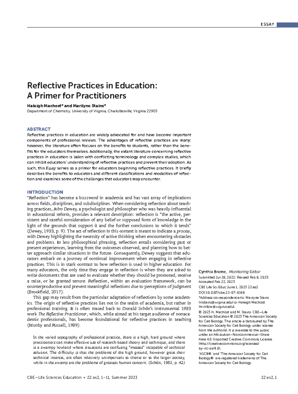 Reflective Practices in Education: A Primer for Educators (CBE 22:es2 ...