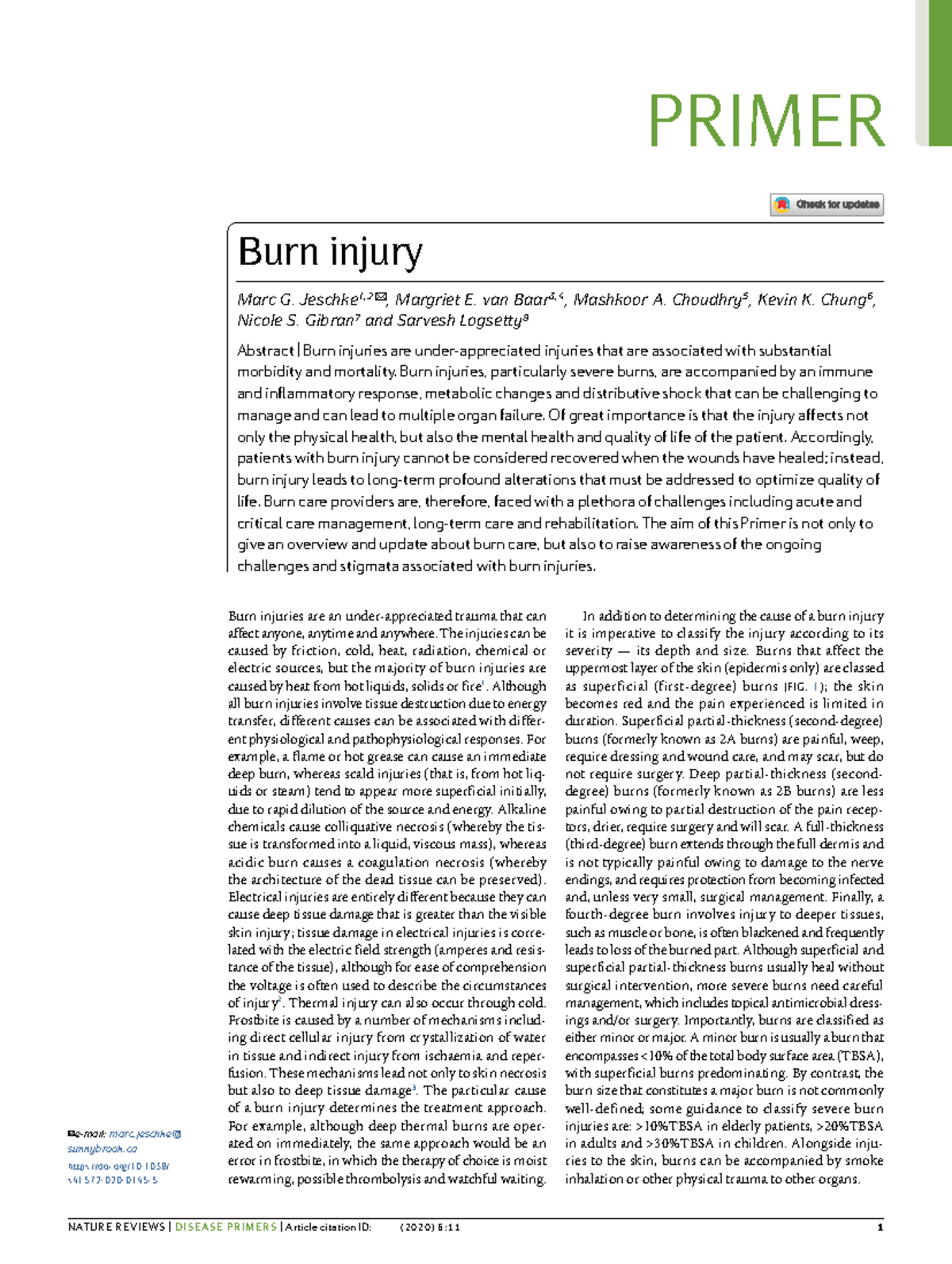 Burn injury Nature Reviews - Burn injuries are an under-appreciated ...