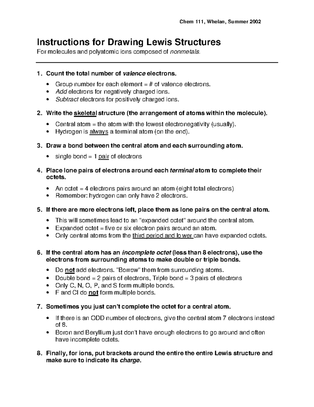 Chem Whelan, Summer 2002: Notes on Drawing Lewis Structures - Studocu