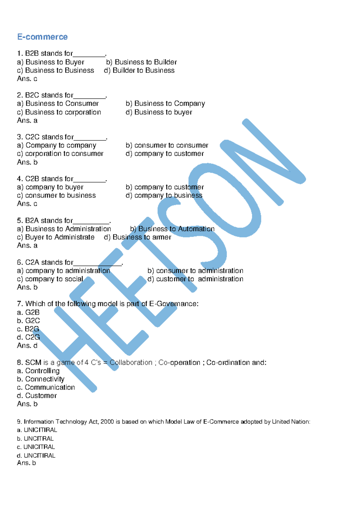 E-COM 101: MCQ Question Bank for E-Commerce Interviews & Exams - Studocu