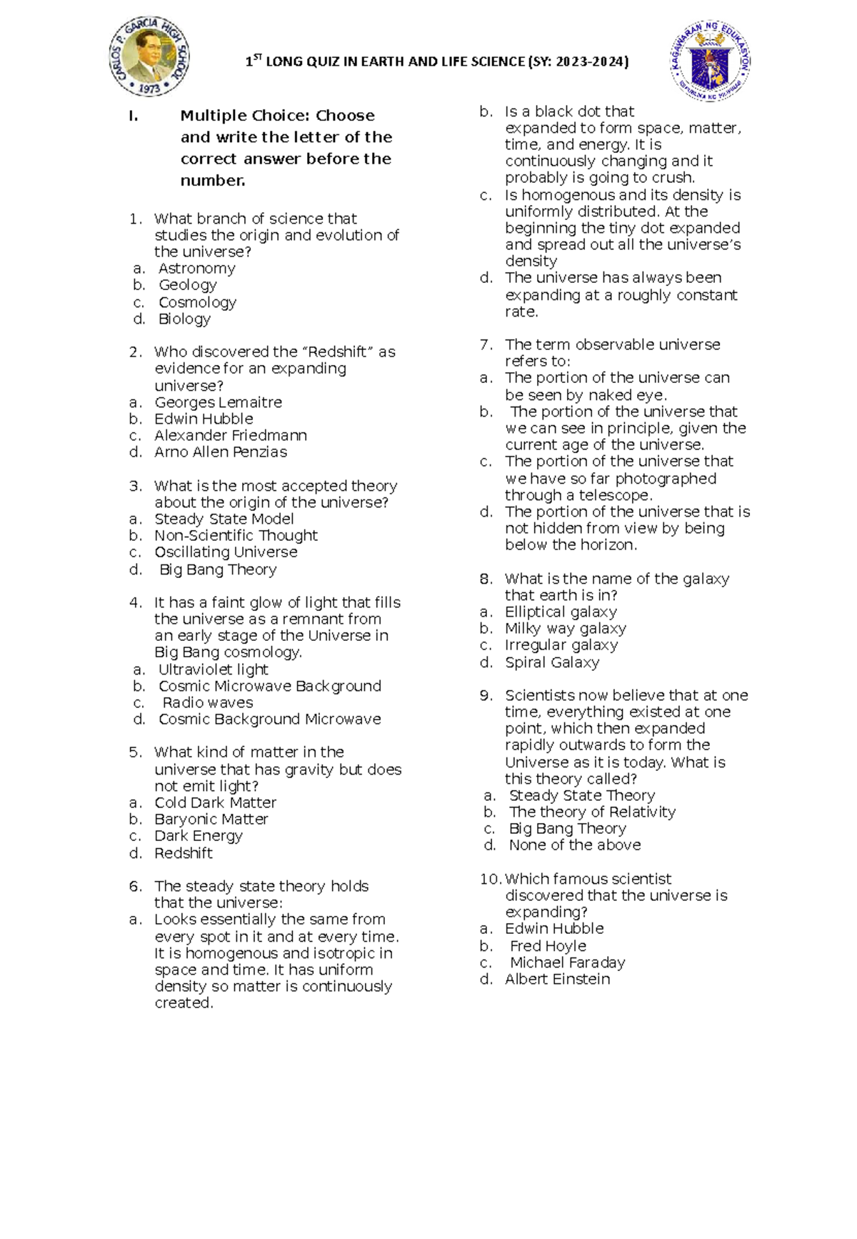 1ST LONG QUIZ - EALS - EARTH AND LIFE SCIENCE (SY: 2023-2024) - Studocu