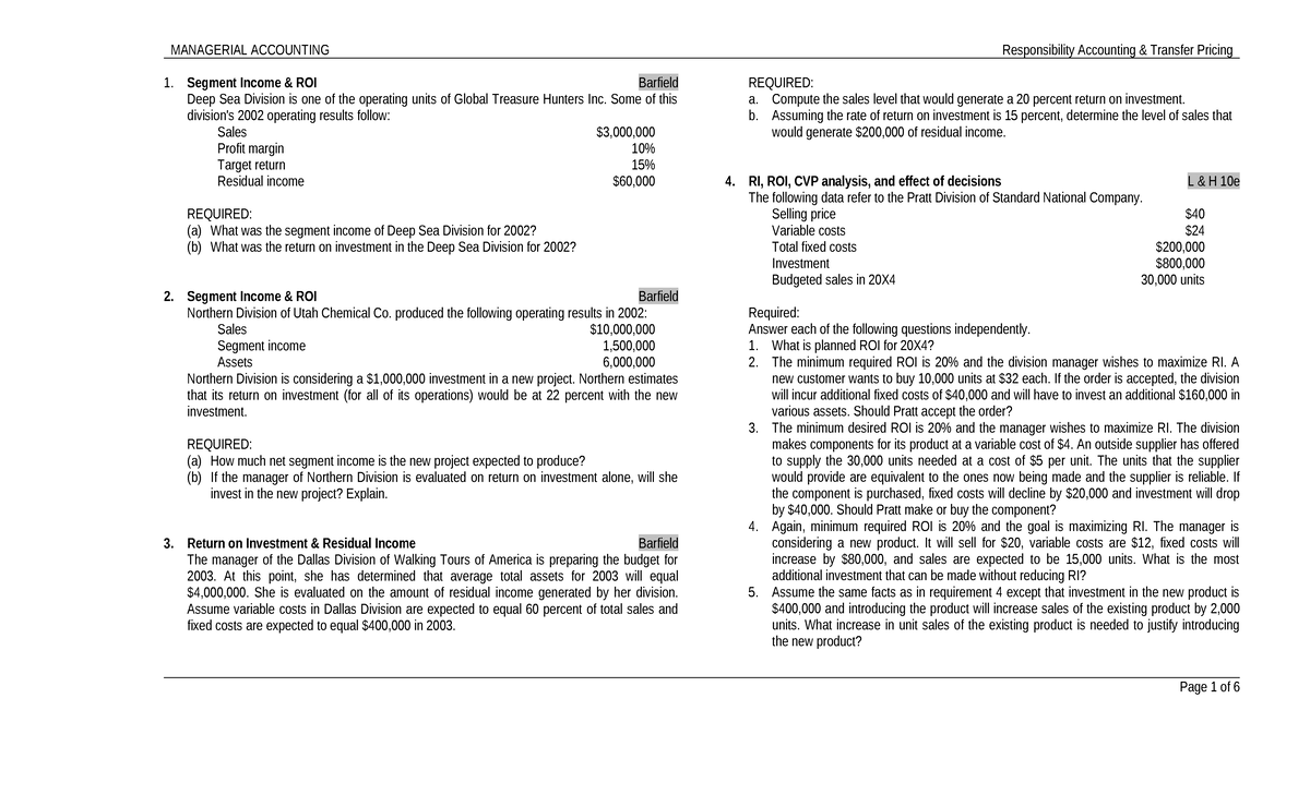 Managerial Accounting 1: Segment Income & ROI Analysis - Studocu