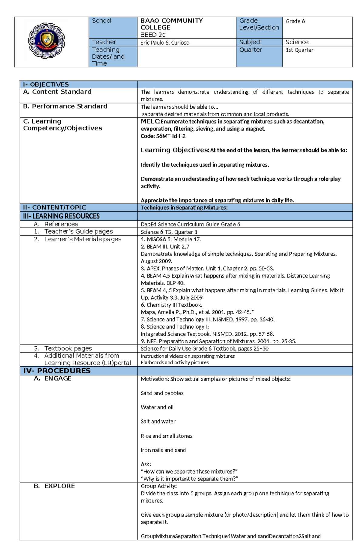 BEED 2C Grade 6 Science: Techniques for Separating Mixtures Lesson Plan ...