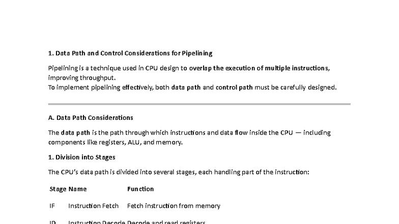 DATA PATH & Control Considerations for Pipelining (CS101) - Studocu