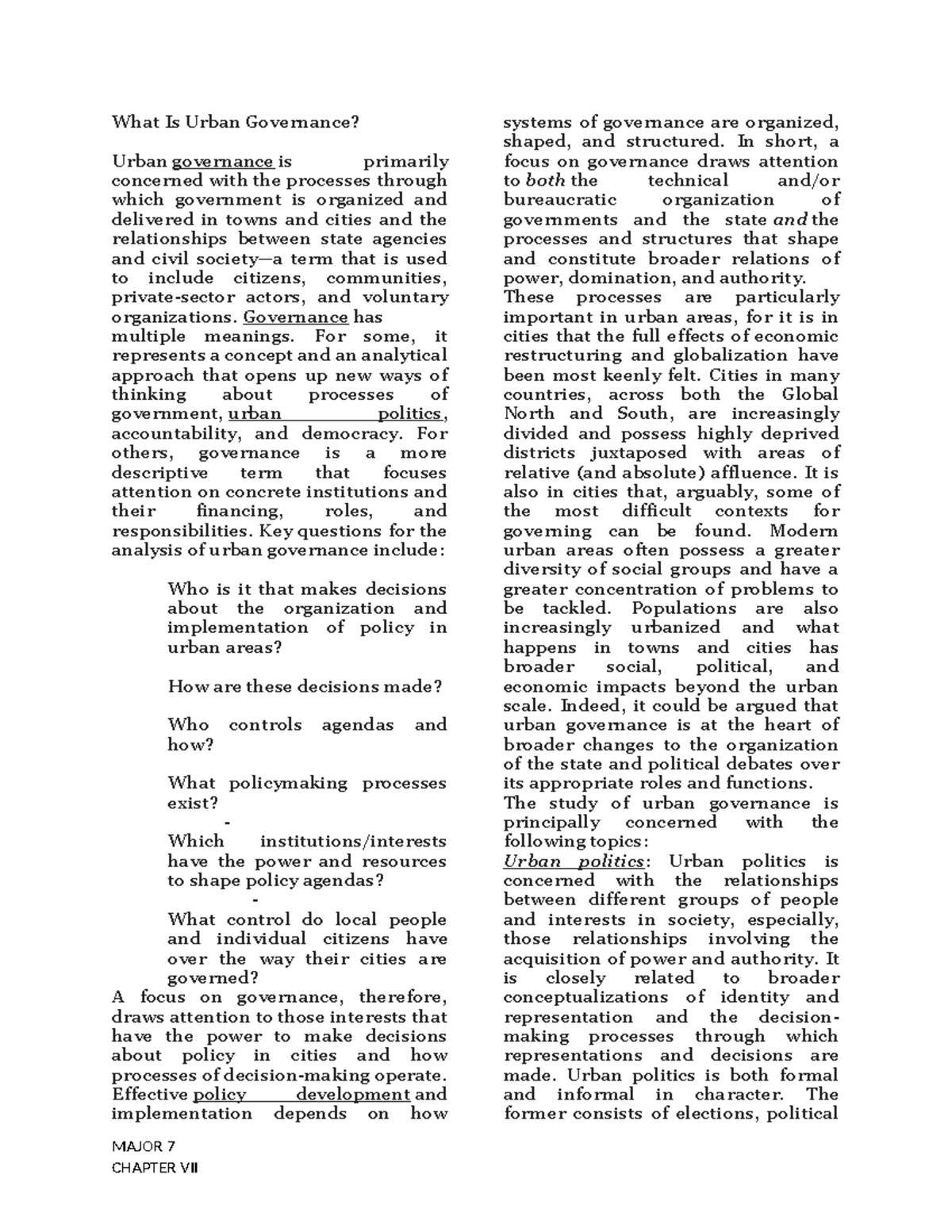 MAJOR 7: Urban Governance Overview and Key Questions - Studocu