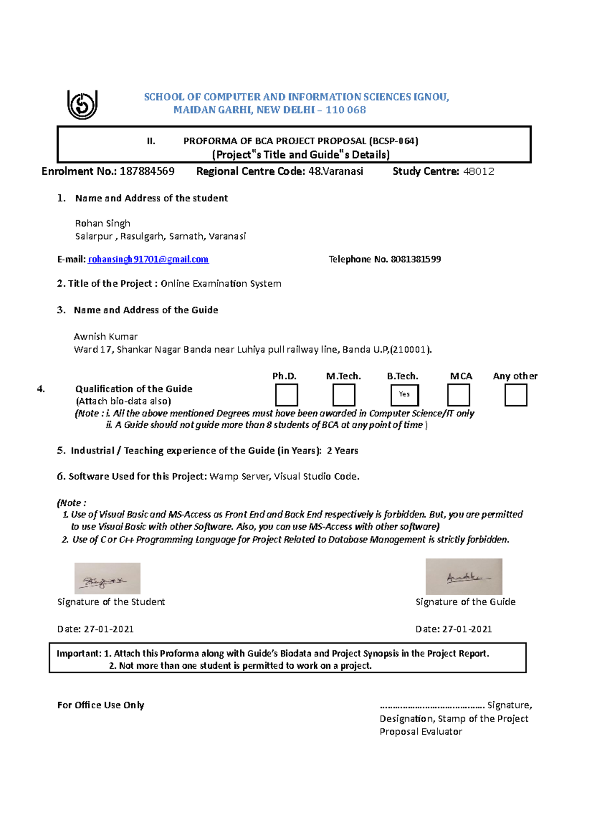 Online Examination System Synopsis for BCA Final Year Project (BCSP-064 ...