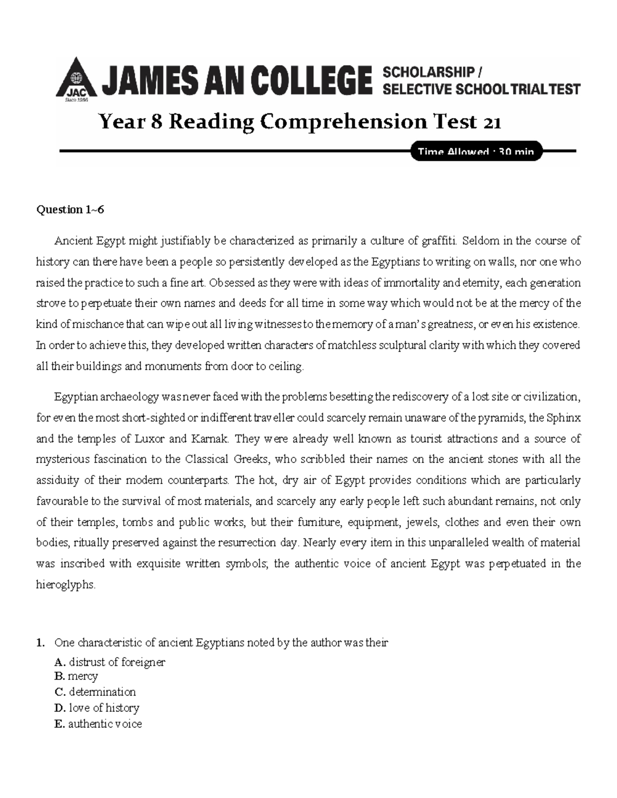 JAC Year 8 Reading Comprehension Test 21: Ancient Egypt & More - Studocu