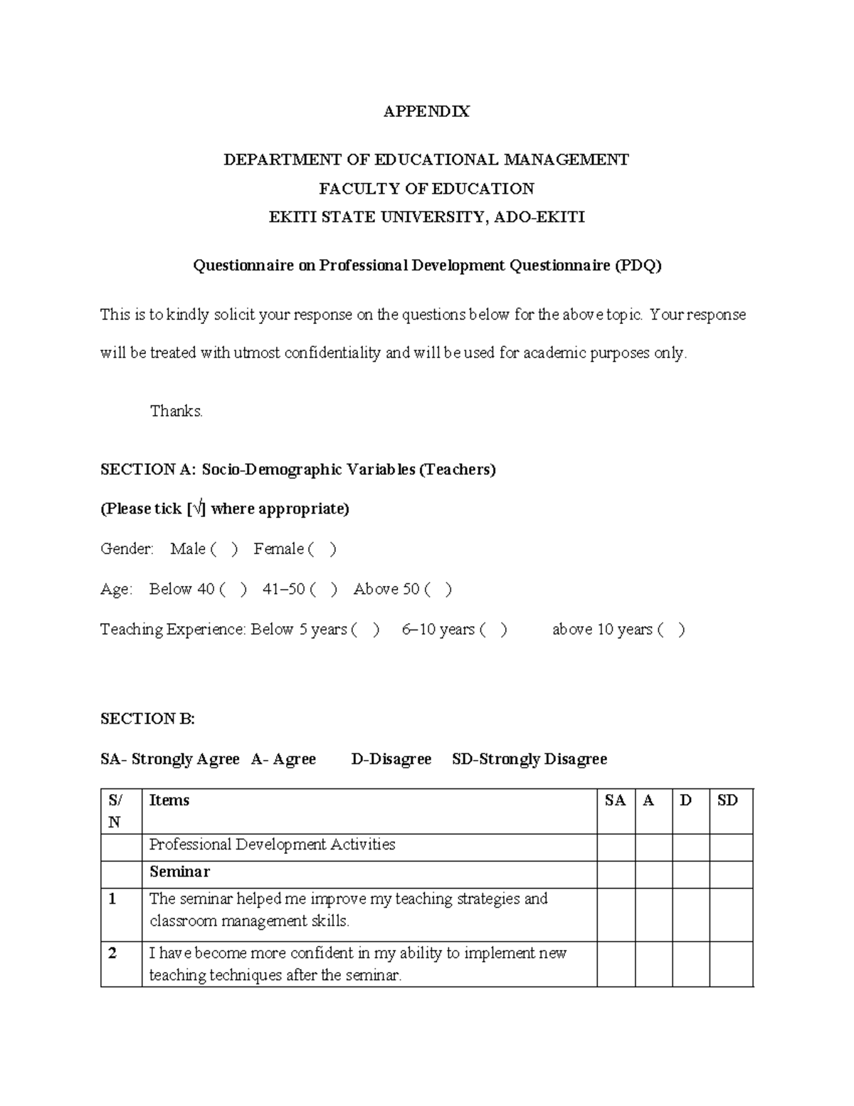 Questionnaire on Professional Development (PDQ) - Educational ...
