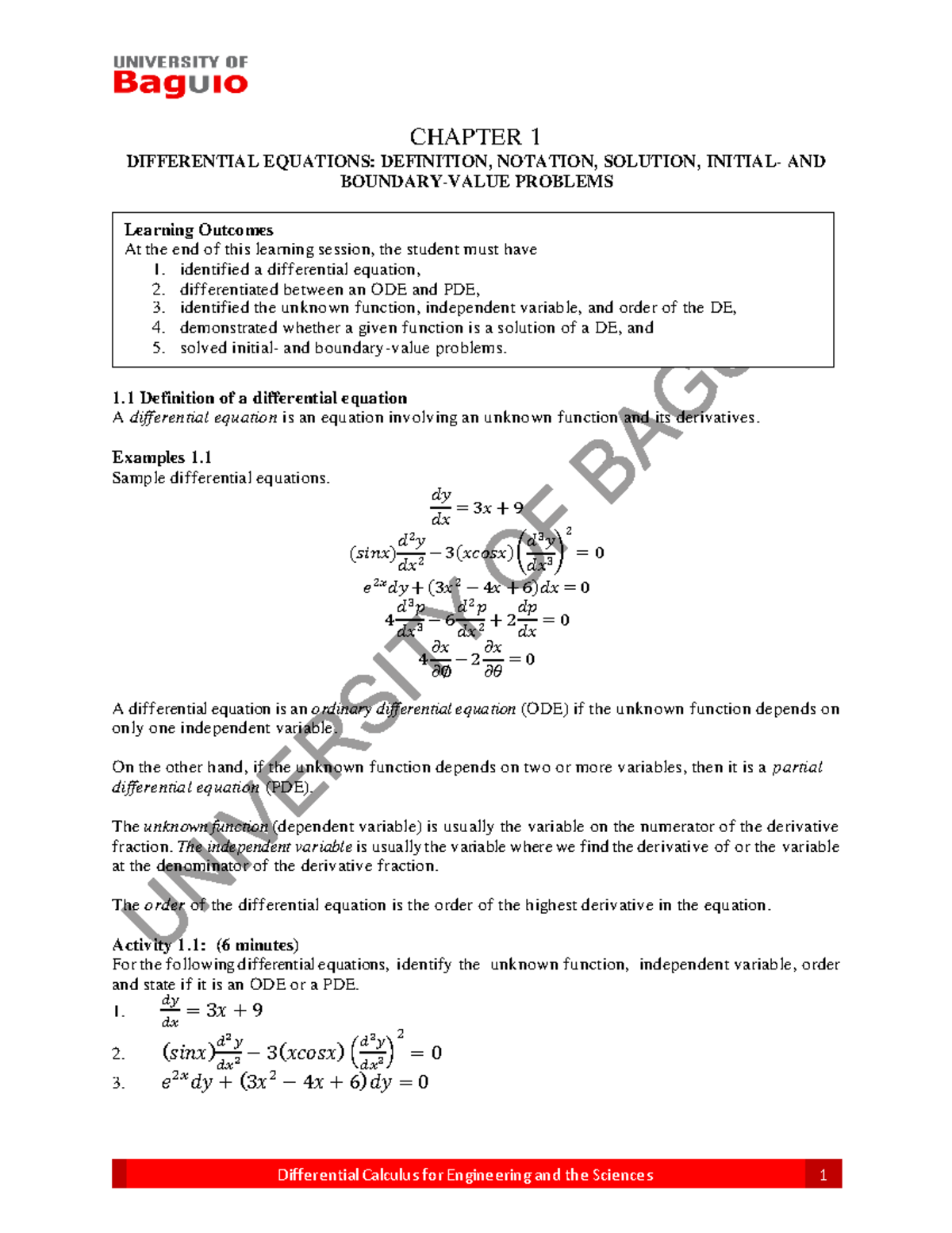 CHAPTER 1: DIFFERENTIAL EQUATIONS - DEFINITION, NOTATION, AND SOLUTIONS (DIFEQN - Studocu