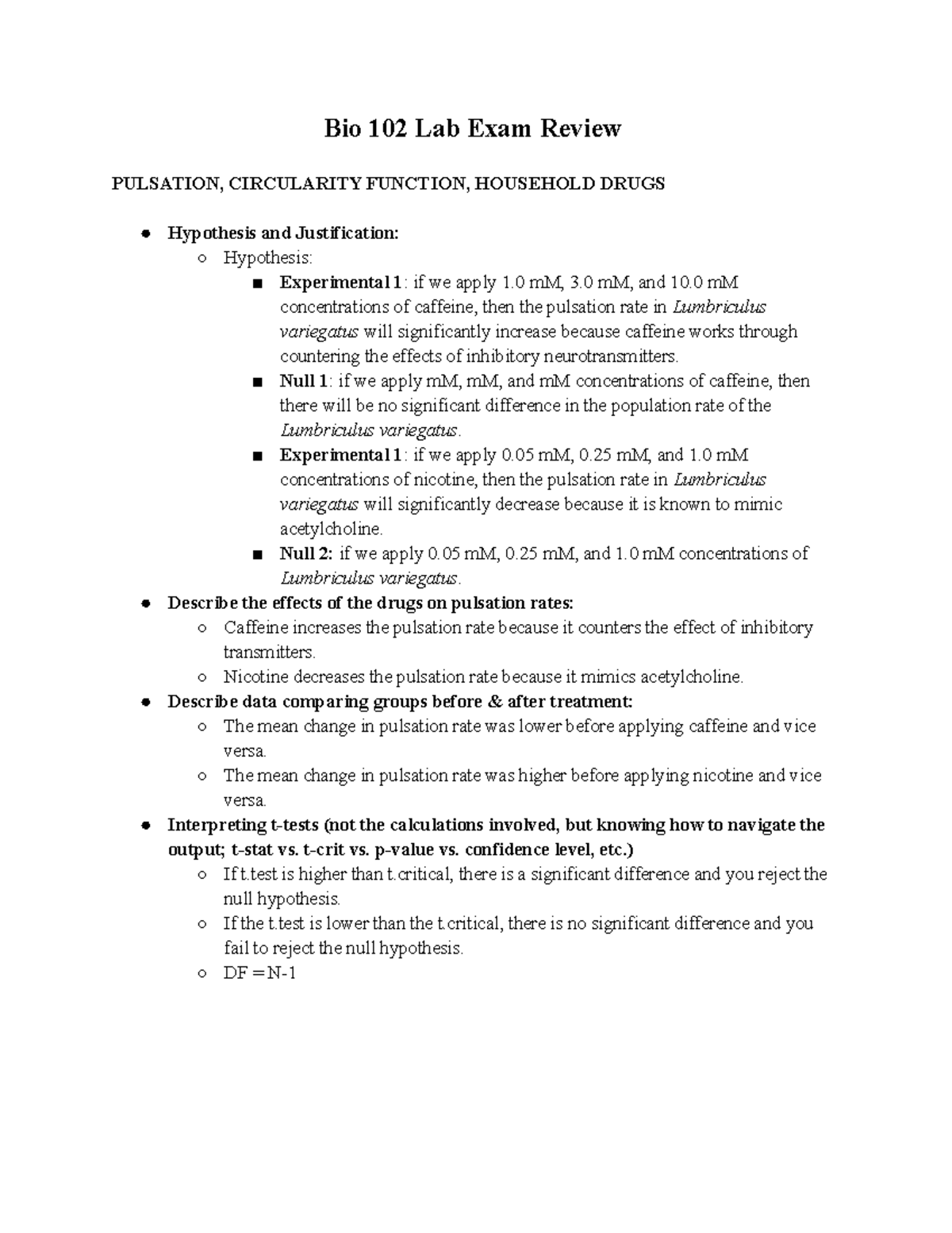 Bio 102 Lab Final Exam Review - Pulsation, Nerve Function ...