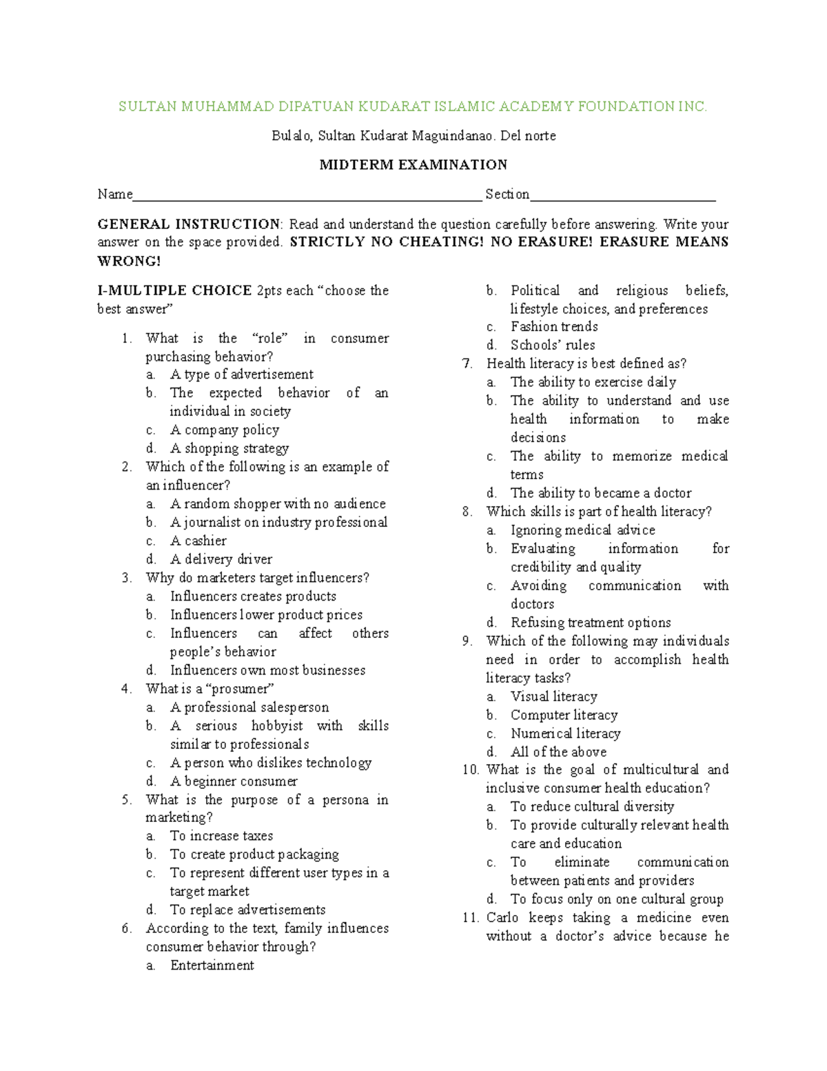 PED 231 Midterm Exam: Consumer Behavior & Health Literacy Insights ...