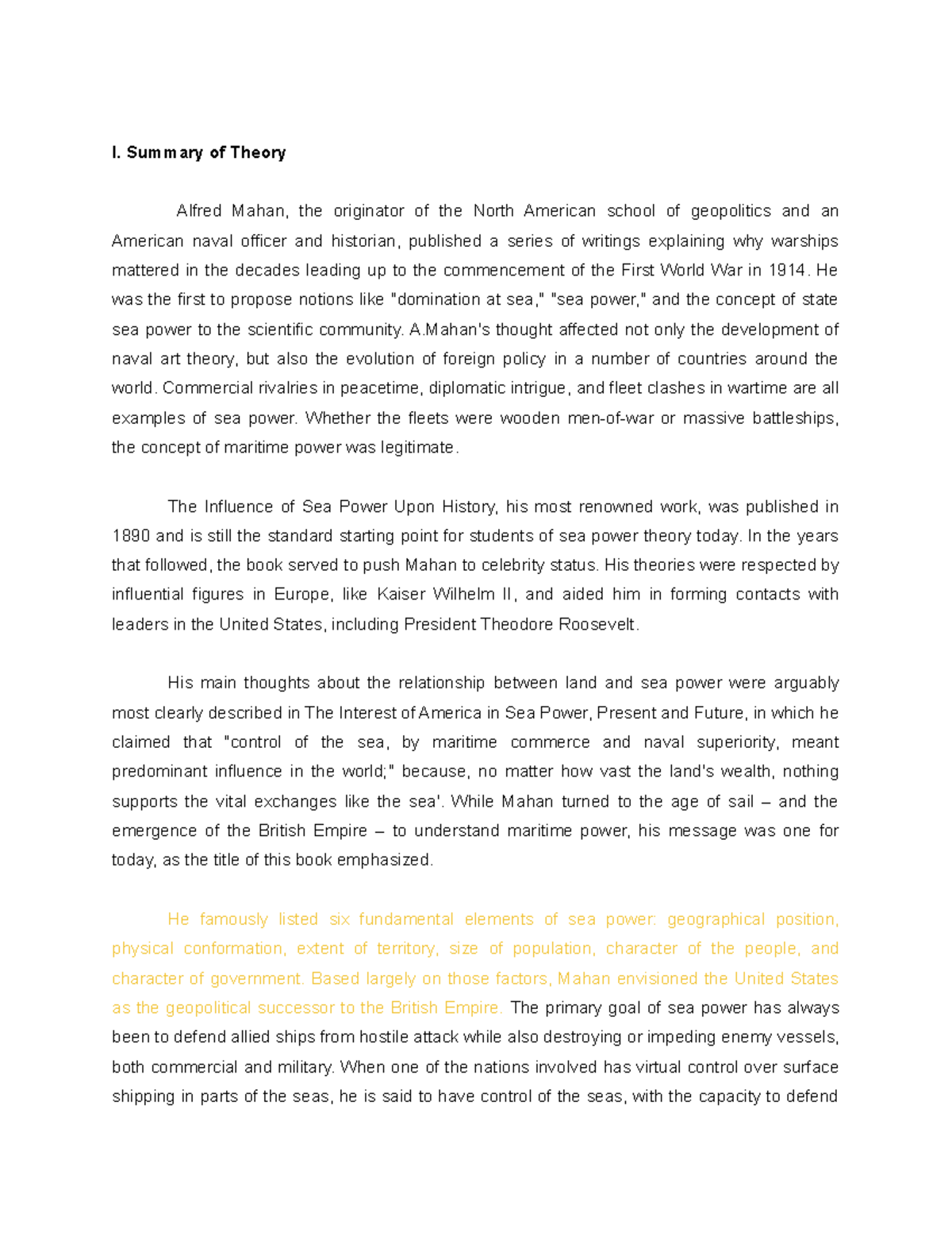 Sea Power Theory - A.Mahan's Insights and Implications - Studocu