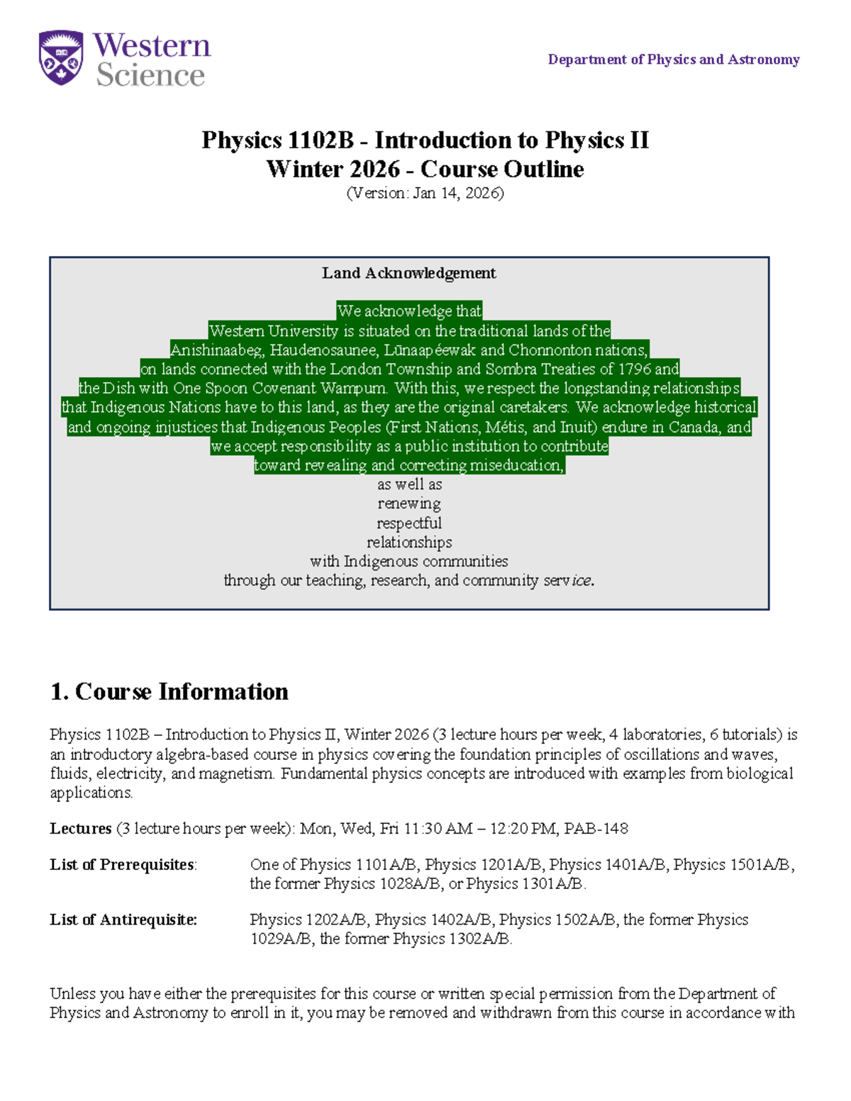 Physics 1102B Course Outline: Introduction to Physics II - Winter 2026 ...