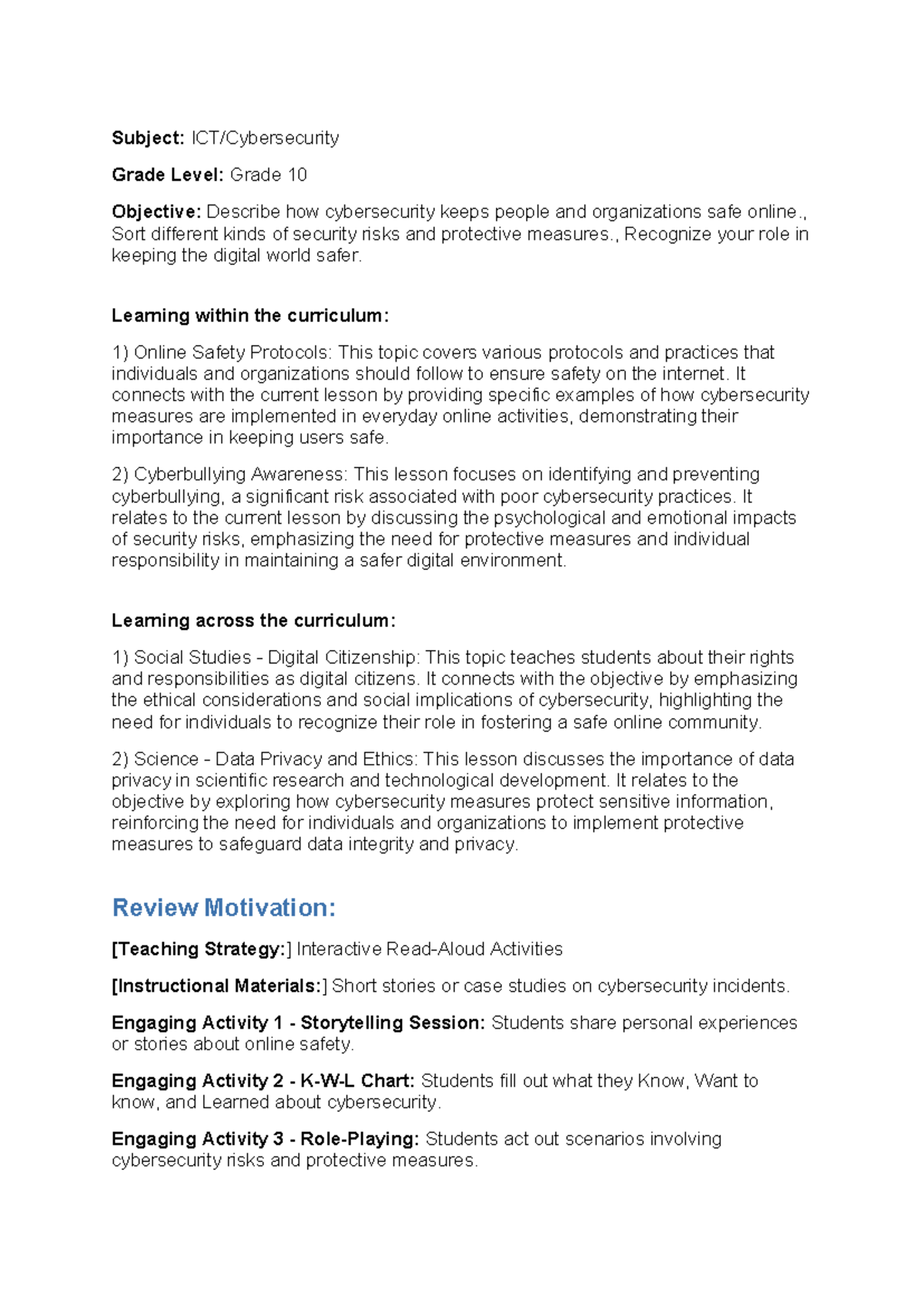 Lesson Plan: ICT Cybersecurity for Grade 10 Students - Studocu