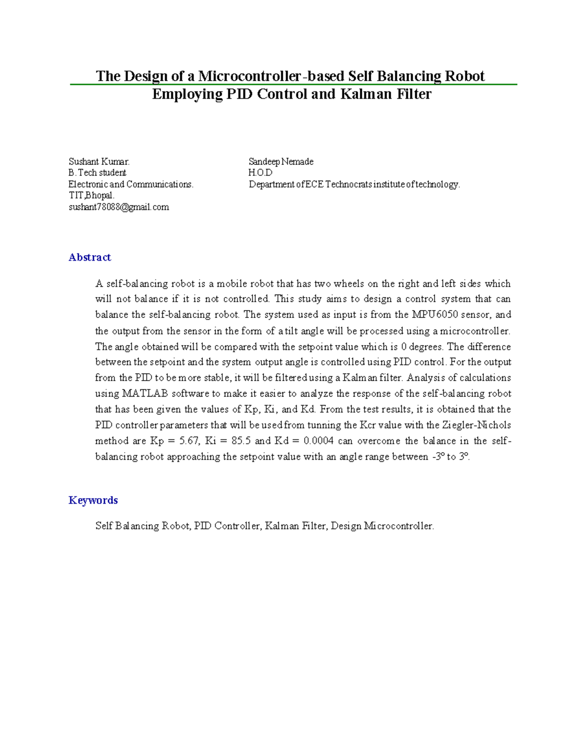 Design of Self-Balancing Robot with PID Control & Kalman Filter (ECE ...
