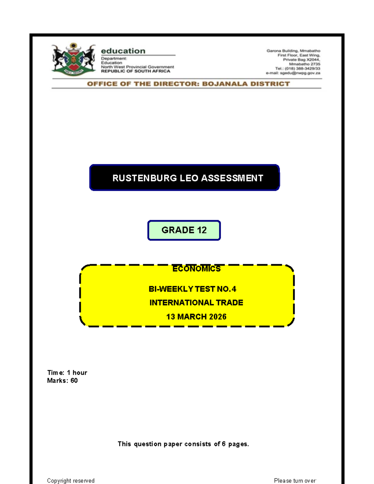 2026 Grade 12 Economics Test No. 4: International Trade Assessment ...