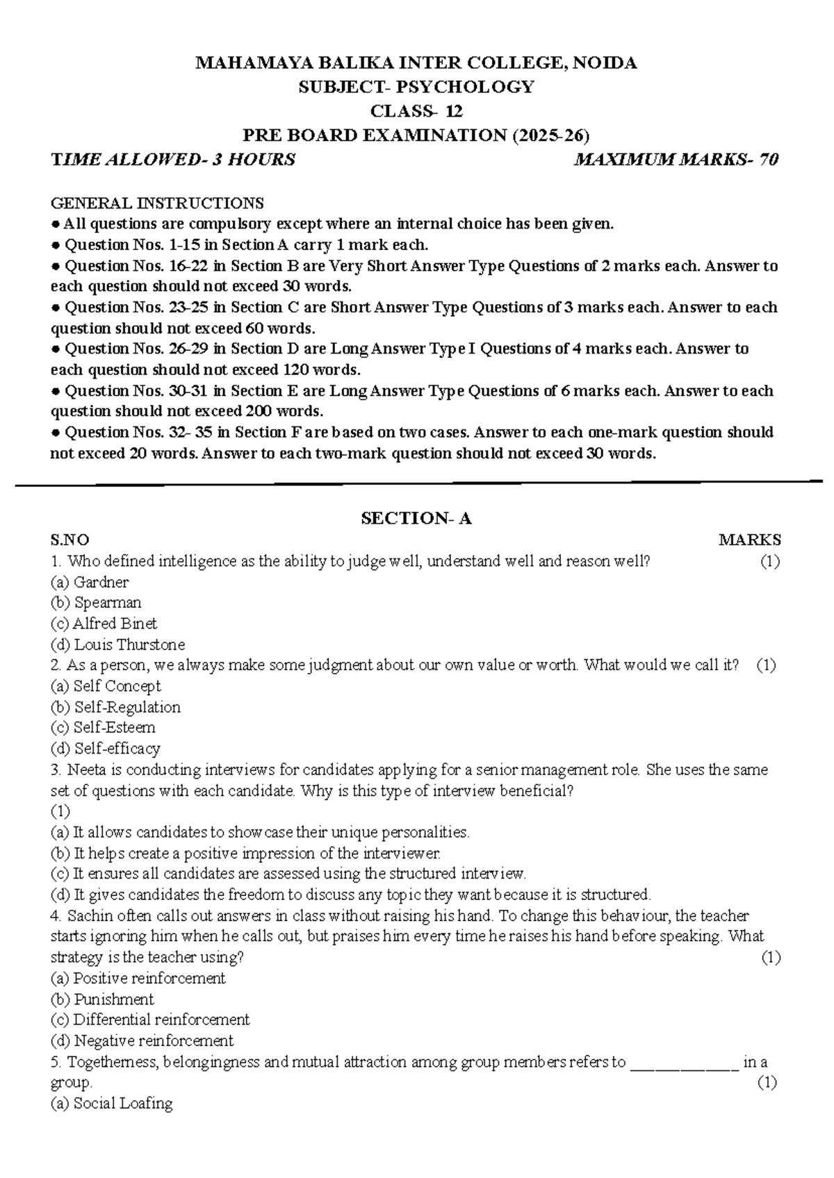 Psychology 12 Pre Board Exam - Question Paper Practice - Studocu