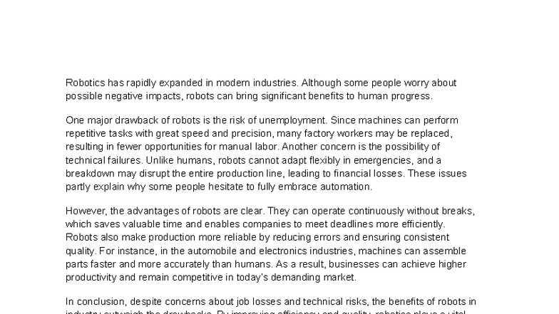 Robotics in Modern Industries: Benefits vs. Drawbacks - Studocu