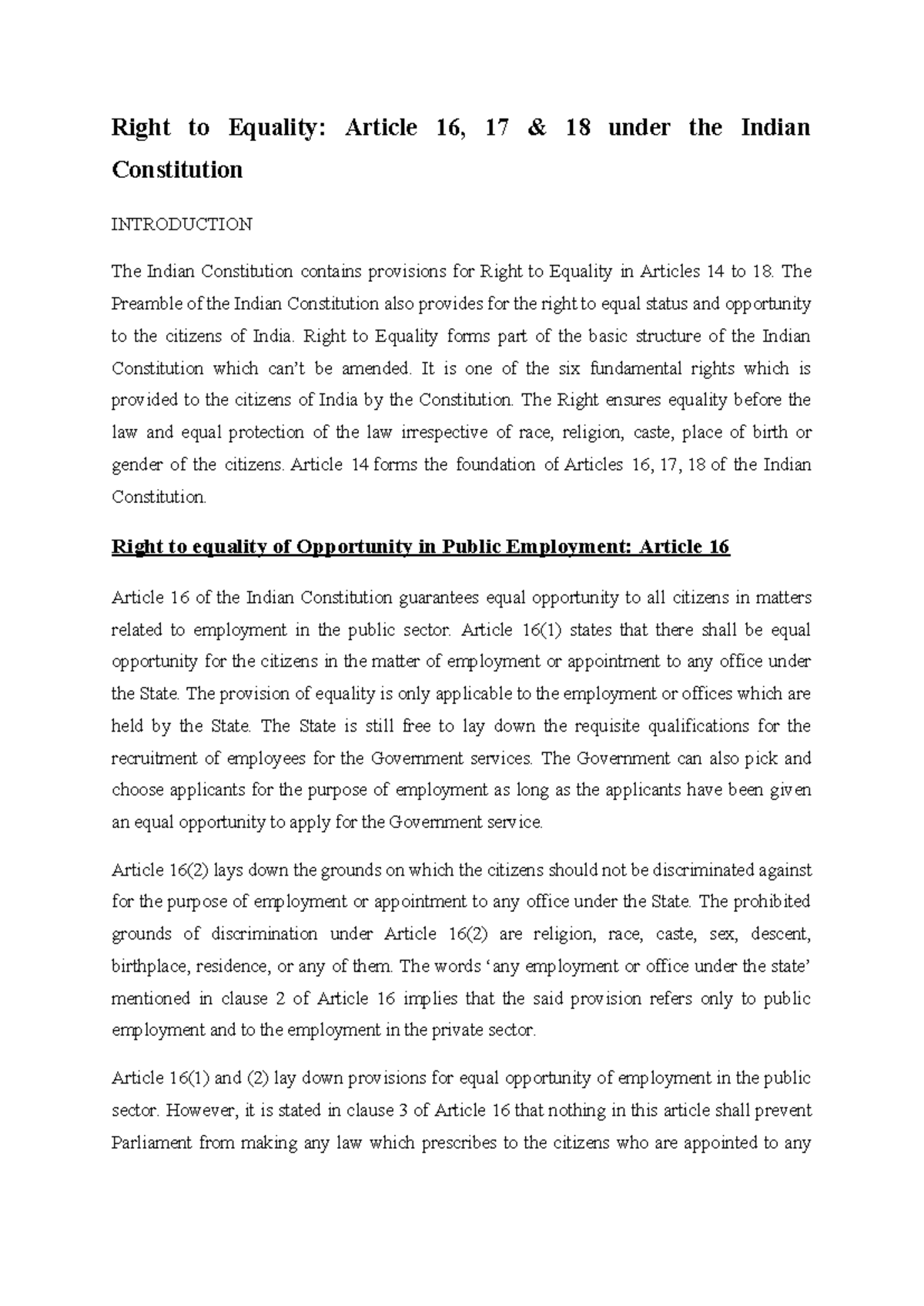 Right to Equality: Articles 16, 17, 18 of the Indian Constitution - Studocu