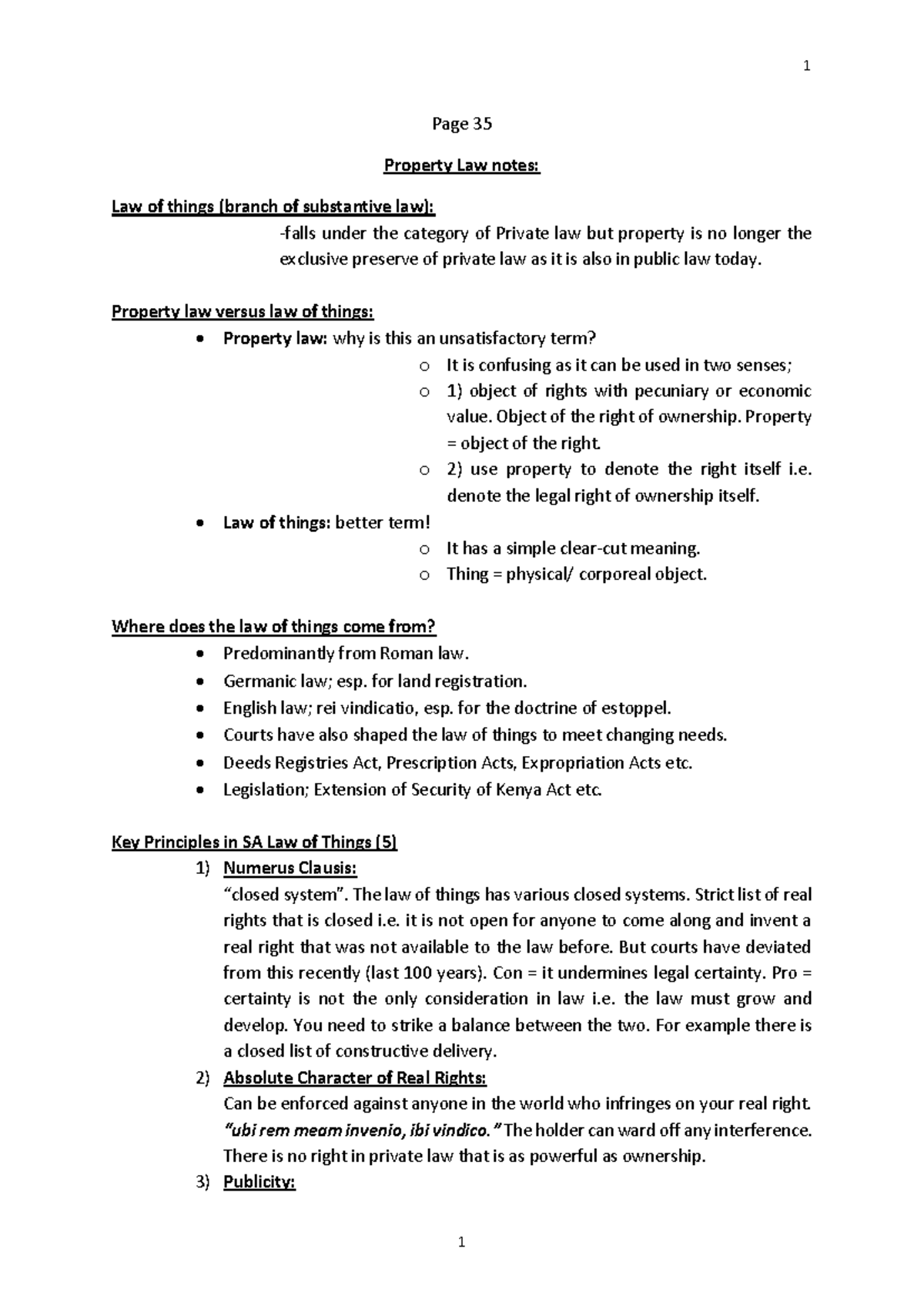 Property Law Notes on the Law of Things: Key Principles and Cases - Studocu
