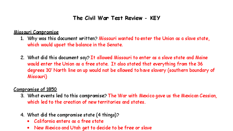 Civil War Test Review KEY (HIST 101) - Key Compromises & Events - Studocu