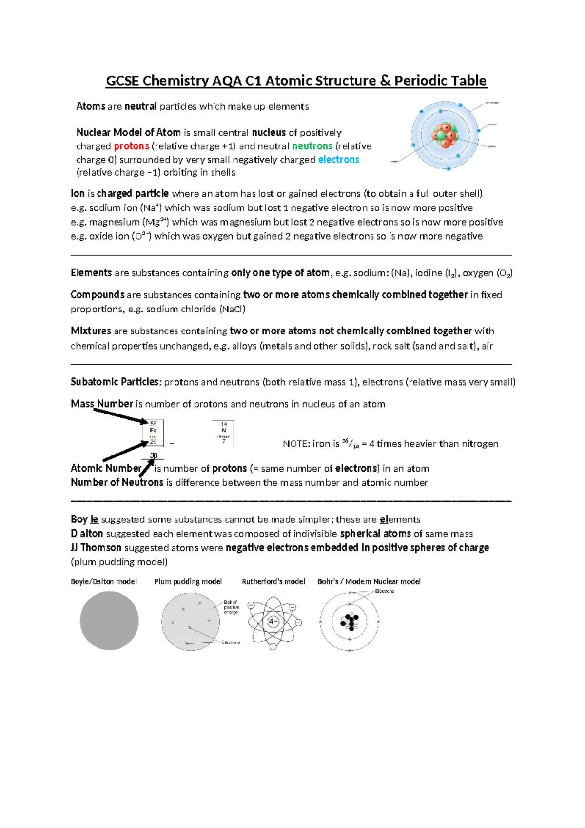 GCSE Chemistry AQA C1 Final Exam Notes on Atomic Structure & Periodic ...