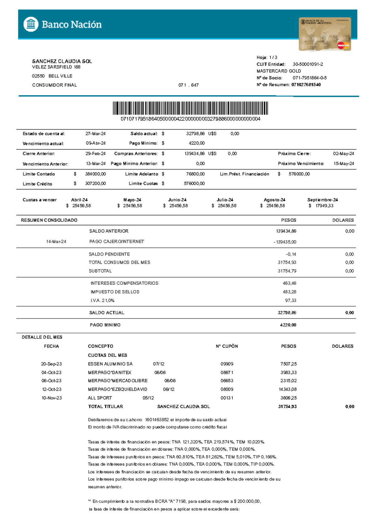 Resumen de Cuenta - Tarjeta Mastercard 071 - Marzo 2024 - Studocu