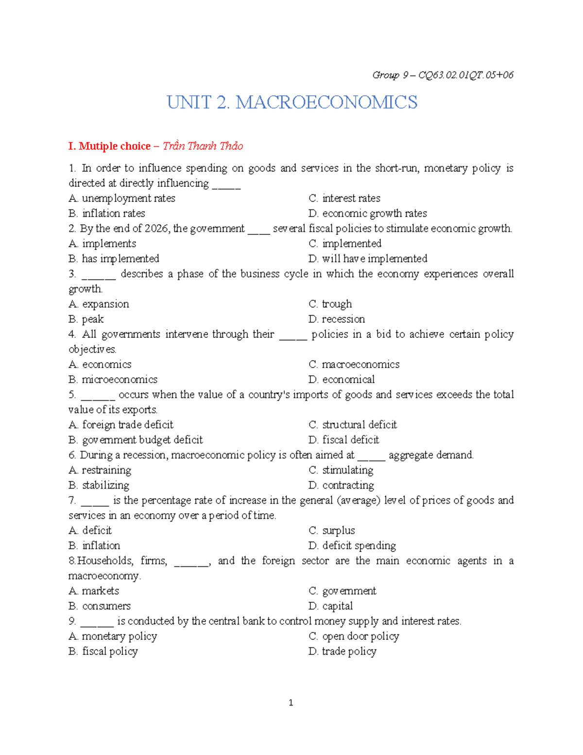 BT UNIT 2: Macroeconomics I - Multiple Choice Questions and Answers ...