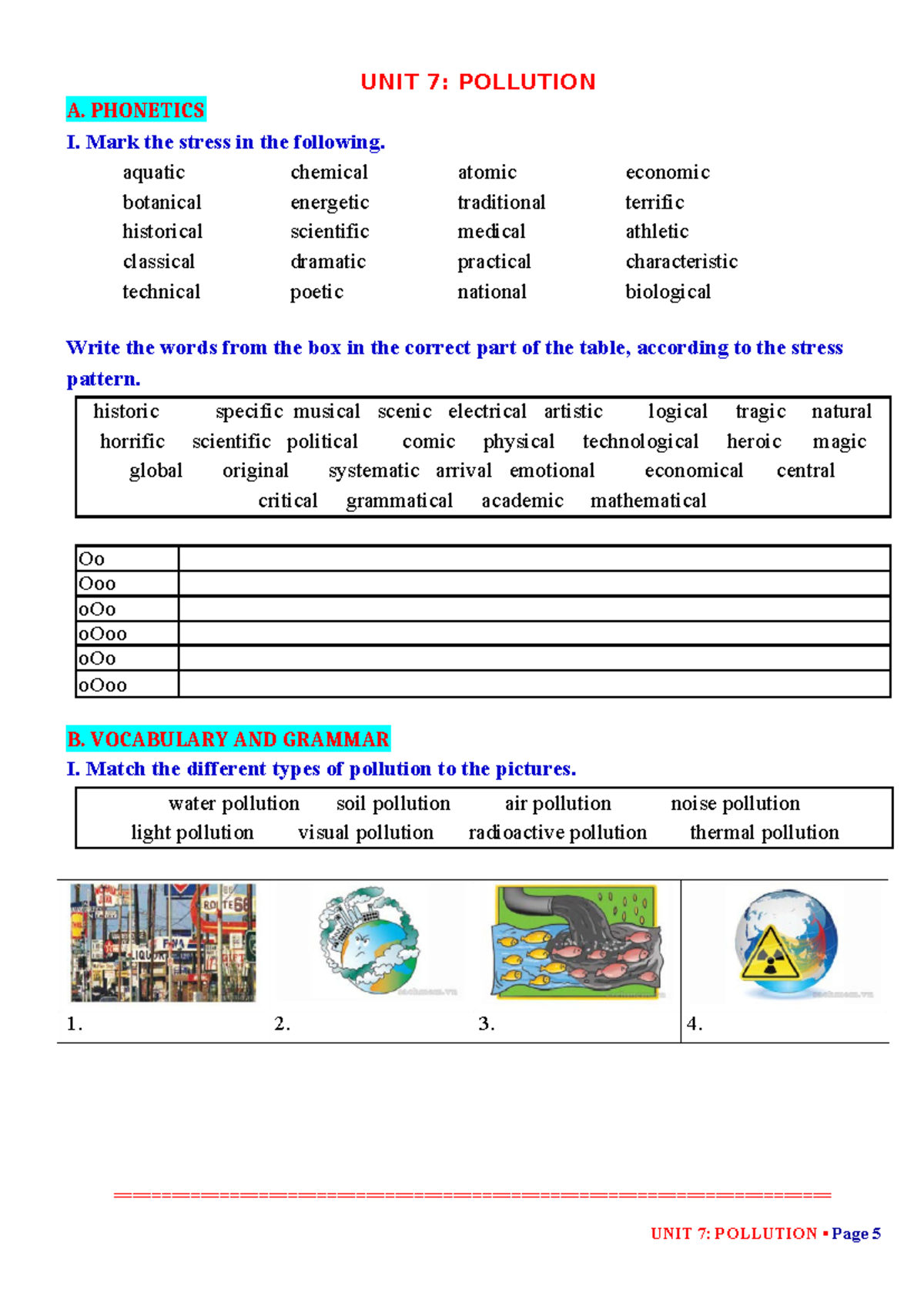 Unit 7: Pollution - Phonetics, Vocabulary, and Grammar Exercises - Studocu