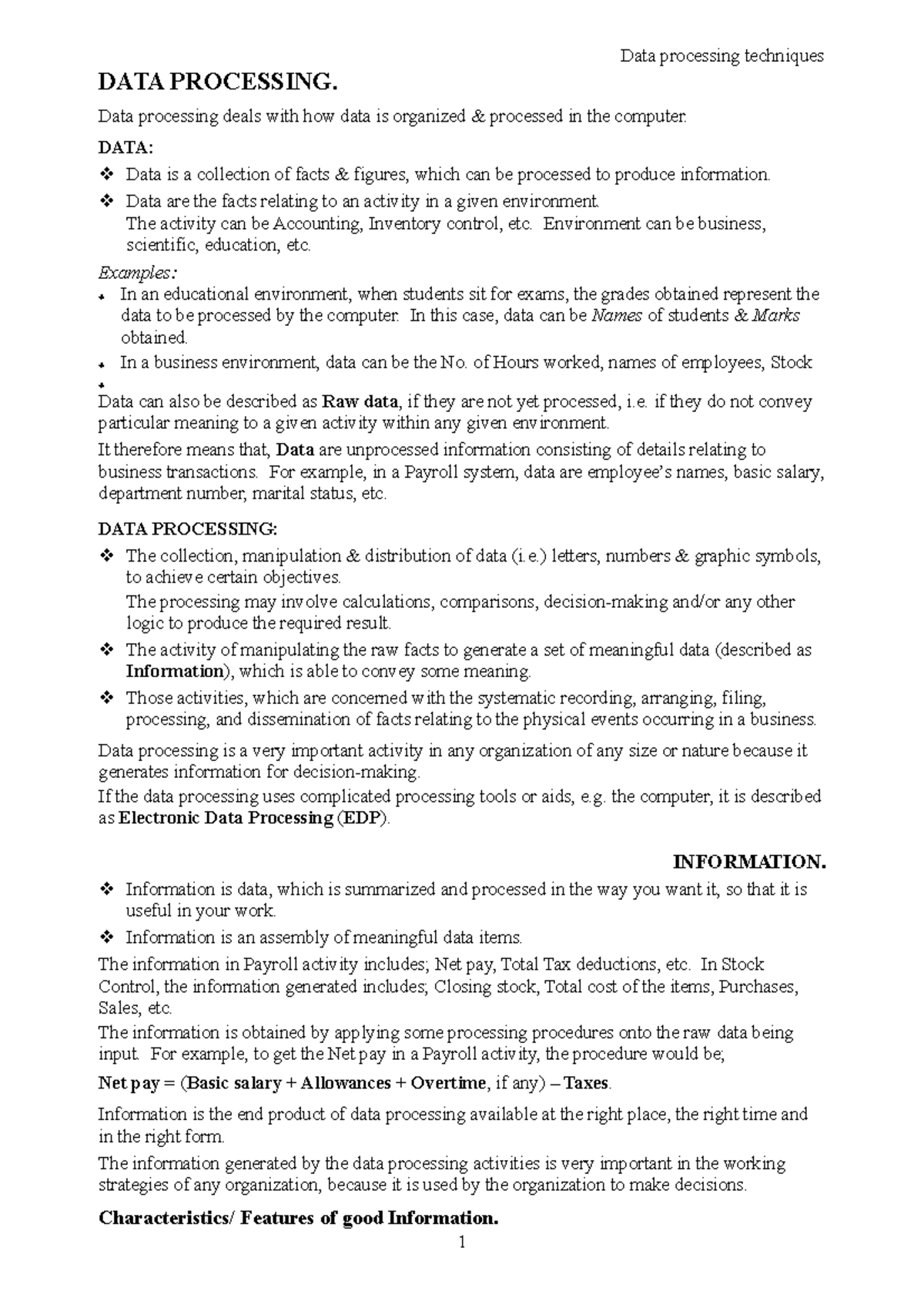 Data Processing - NOTES - DATA PROCESSING. Data processing deals with ...