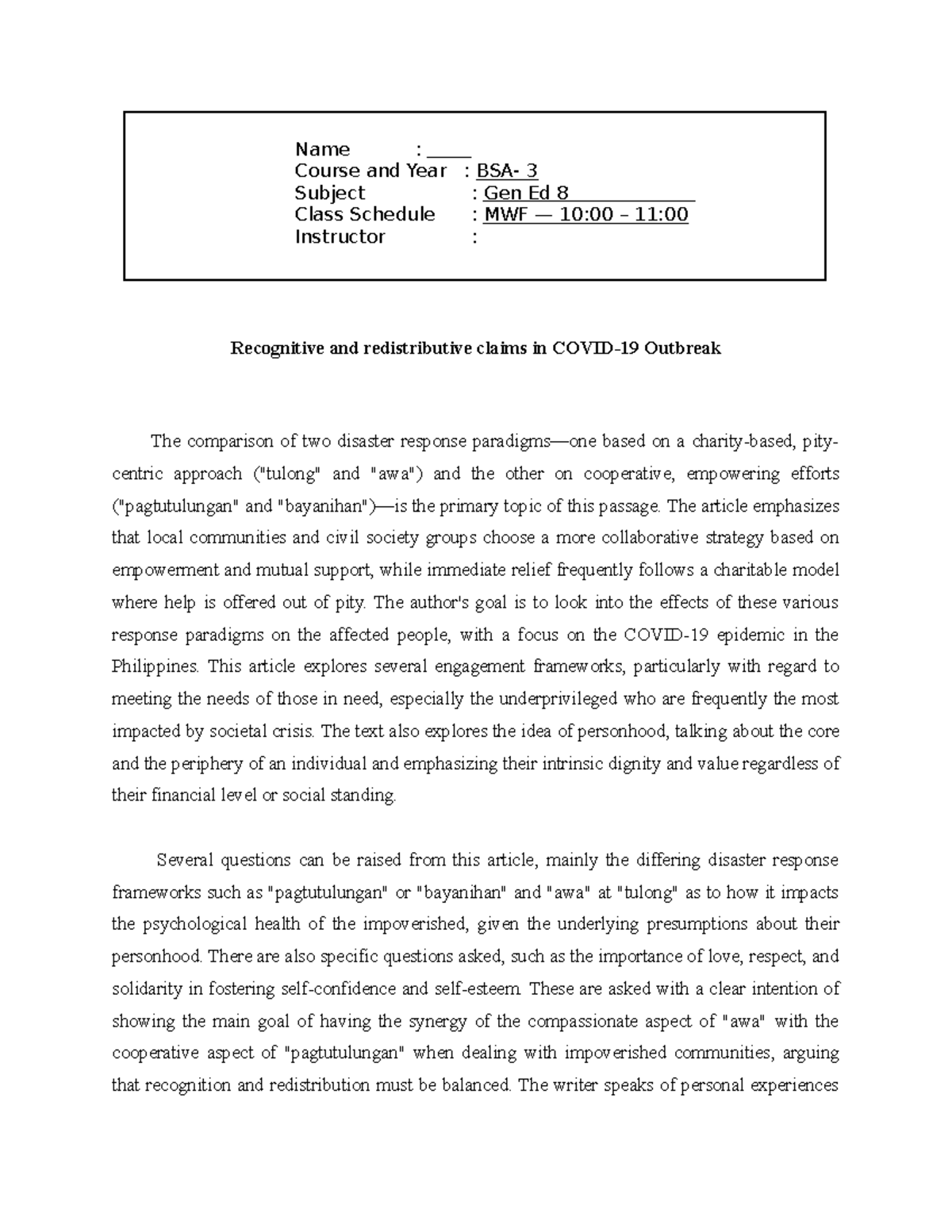 BSA-3 Gen Ed 8: Recognitive and Redistributive Claims in COVID-19 - Studocu