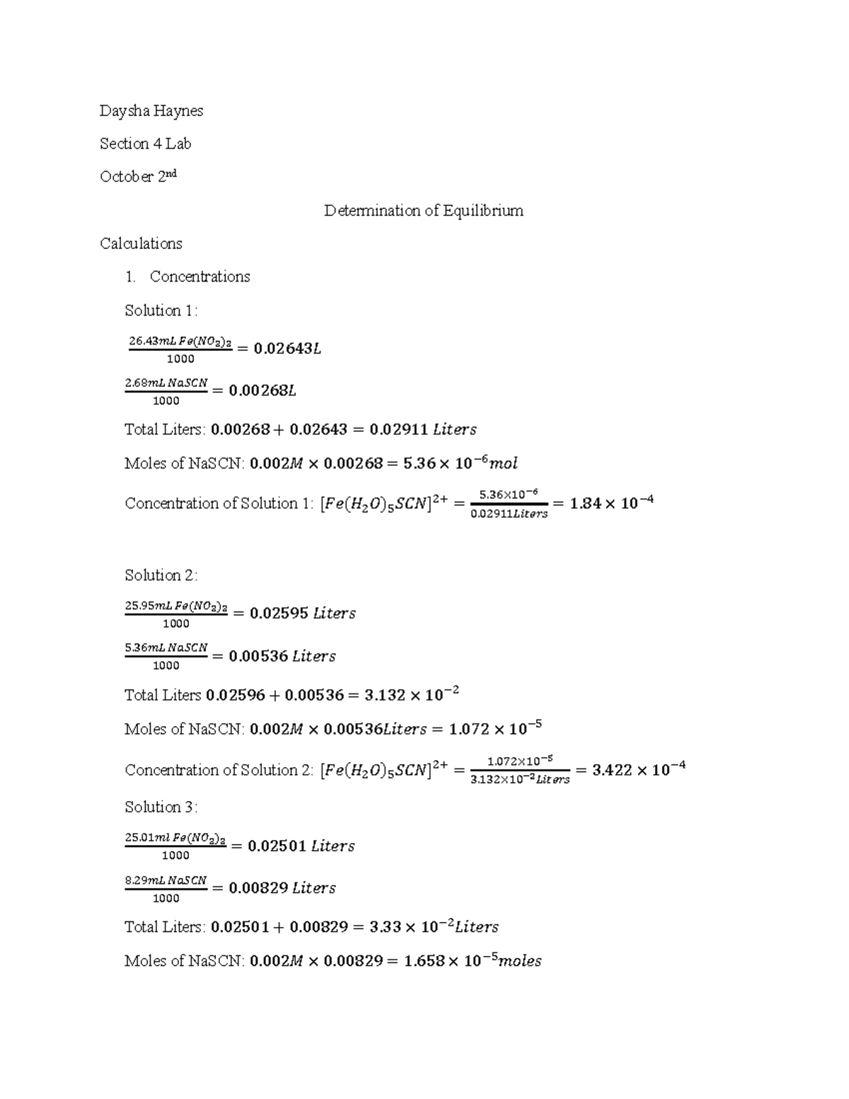 Equilibrium Determination Lab Report (Chem 101) - Post Lab Analysis ...
