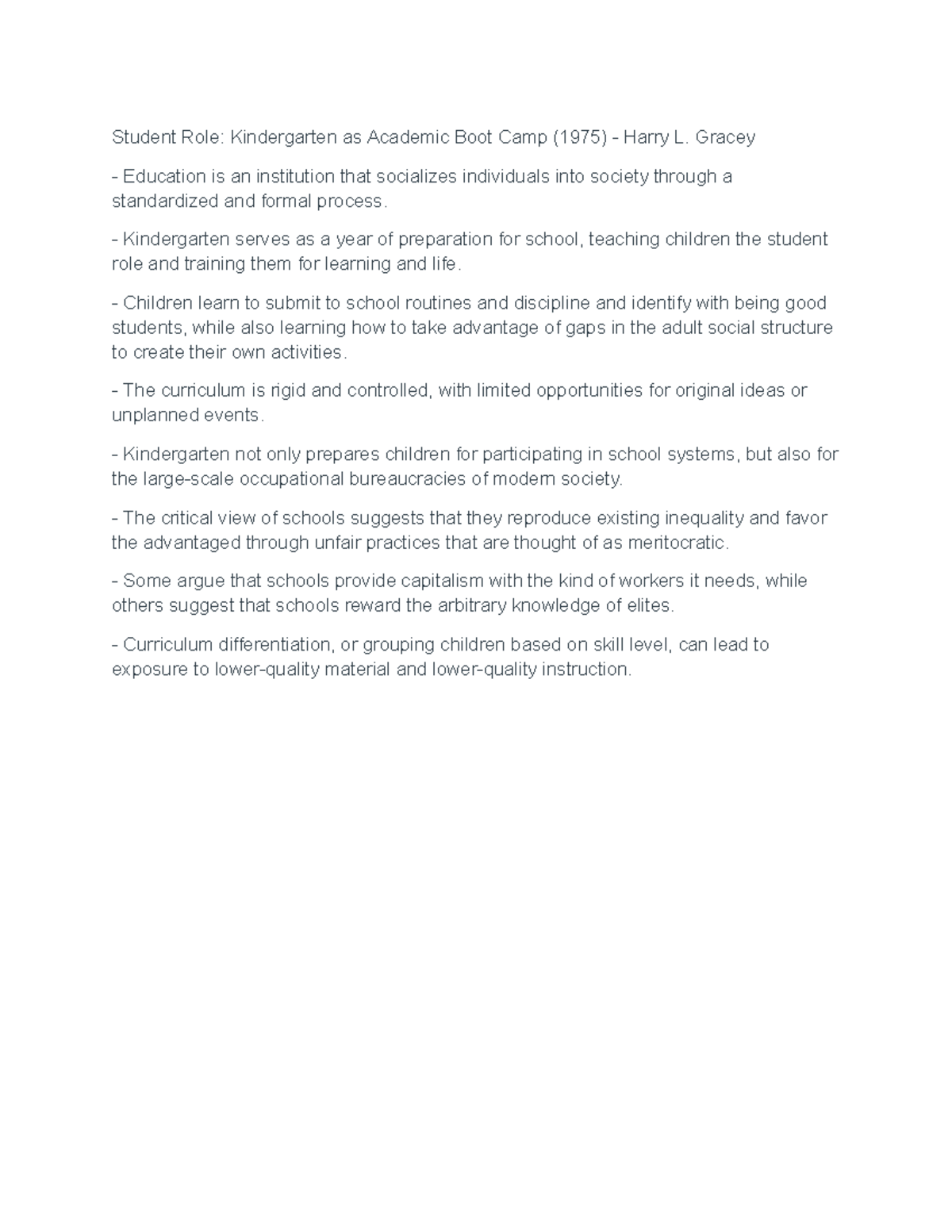 Gracey Reading: Kindergarten as Academic Boot Camp Analysis - Studocu