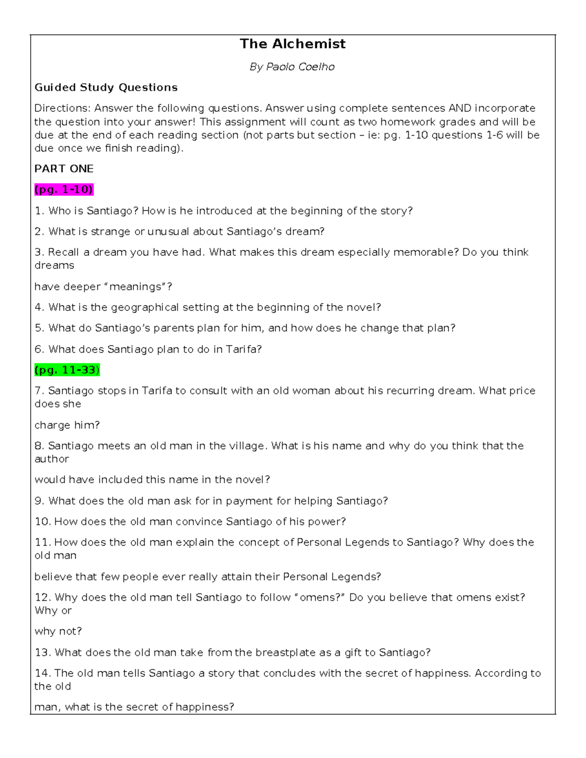 Guided Study Questions for The Alchemist (Part One) - Homework - Studocu