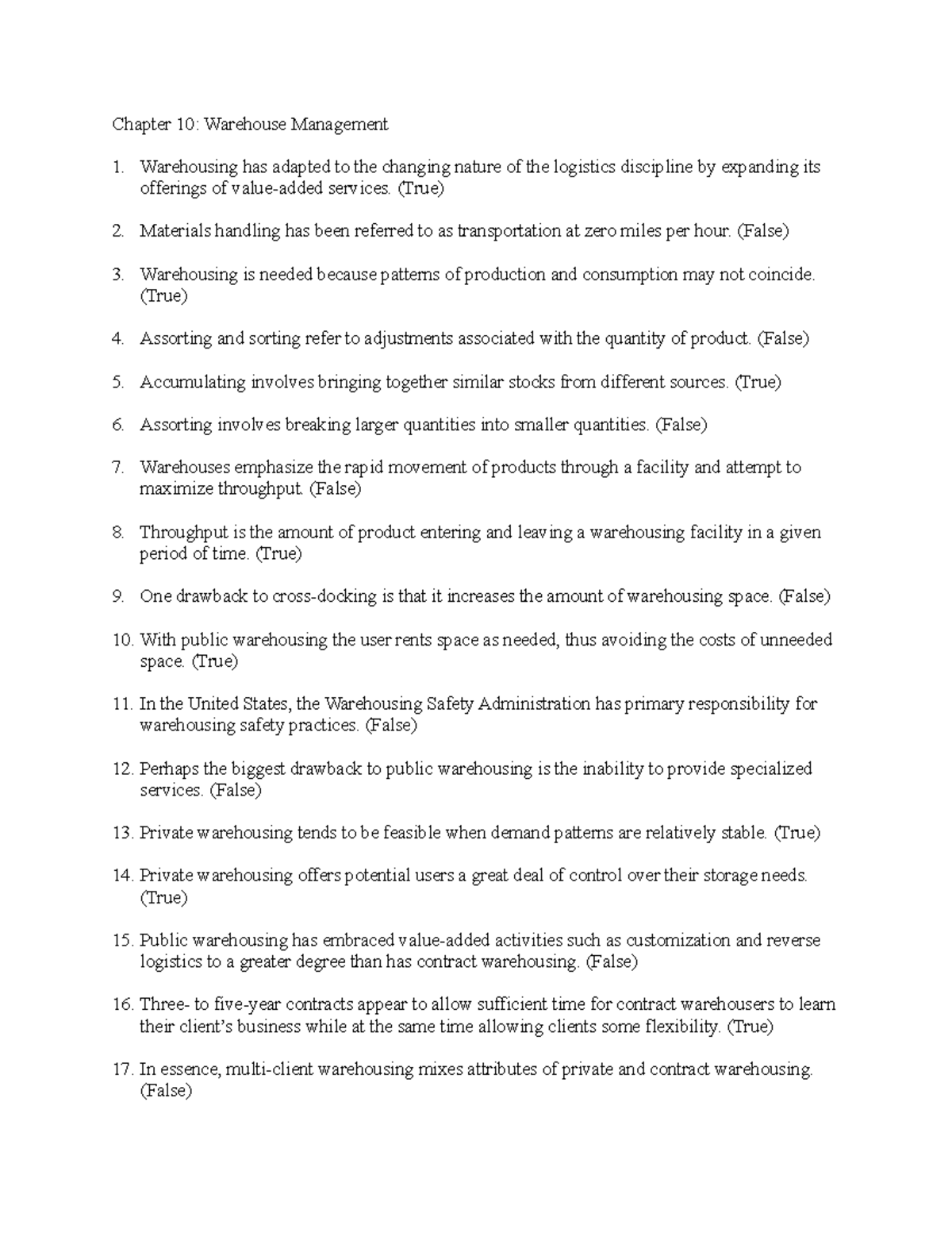 Chapter 10 T-F Questions & Answers on Warehouse Management - Studocu