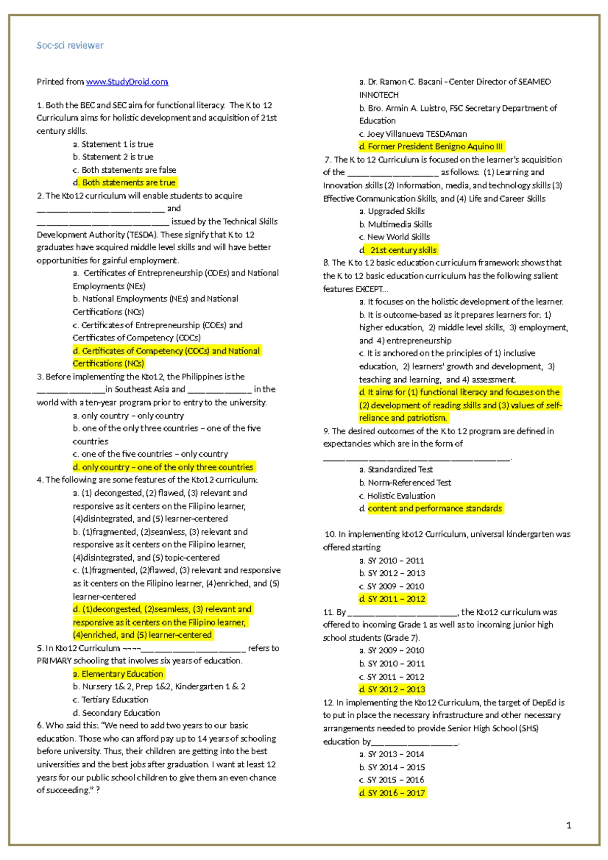 200 Questions with Answers Social Sciences Major - Printed from ...