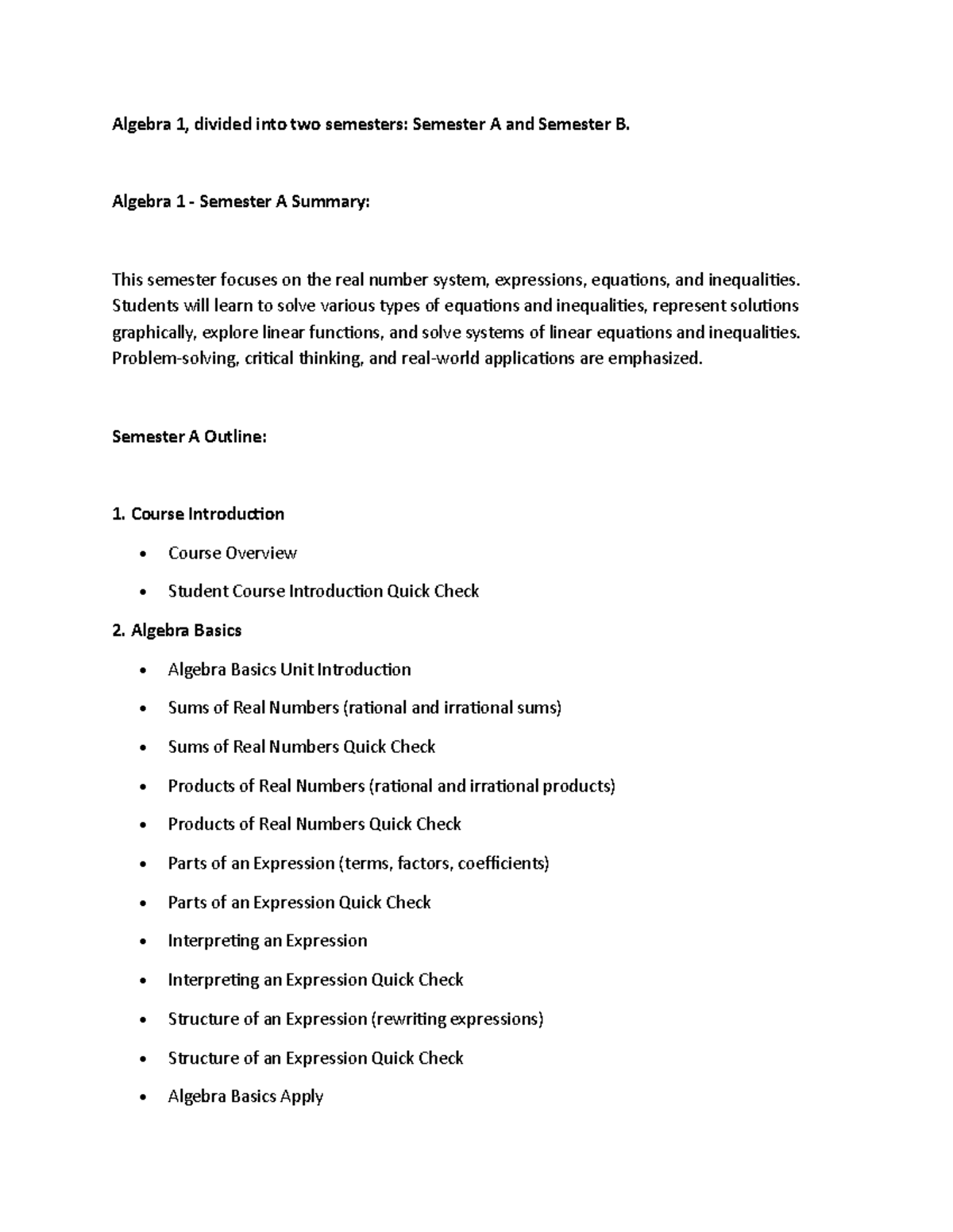 Algebra 1 Curriculum Overview: Semesters A & B Summary - Studocu