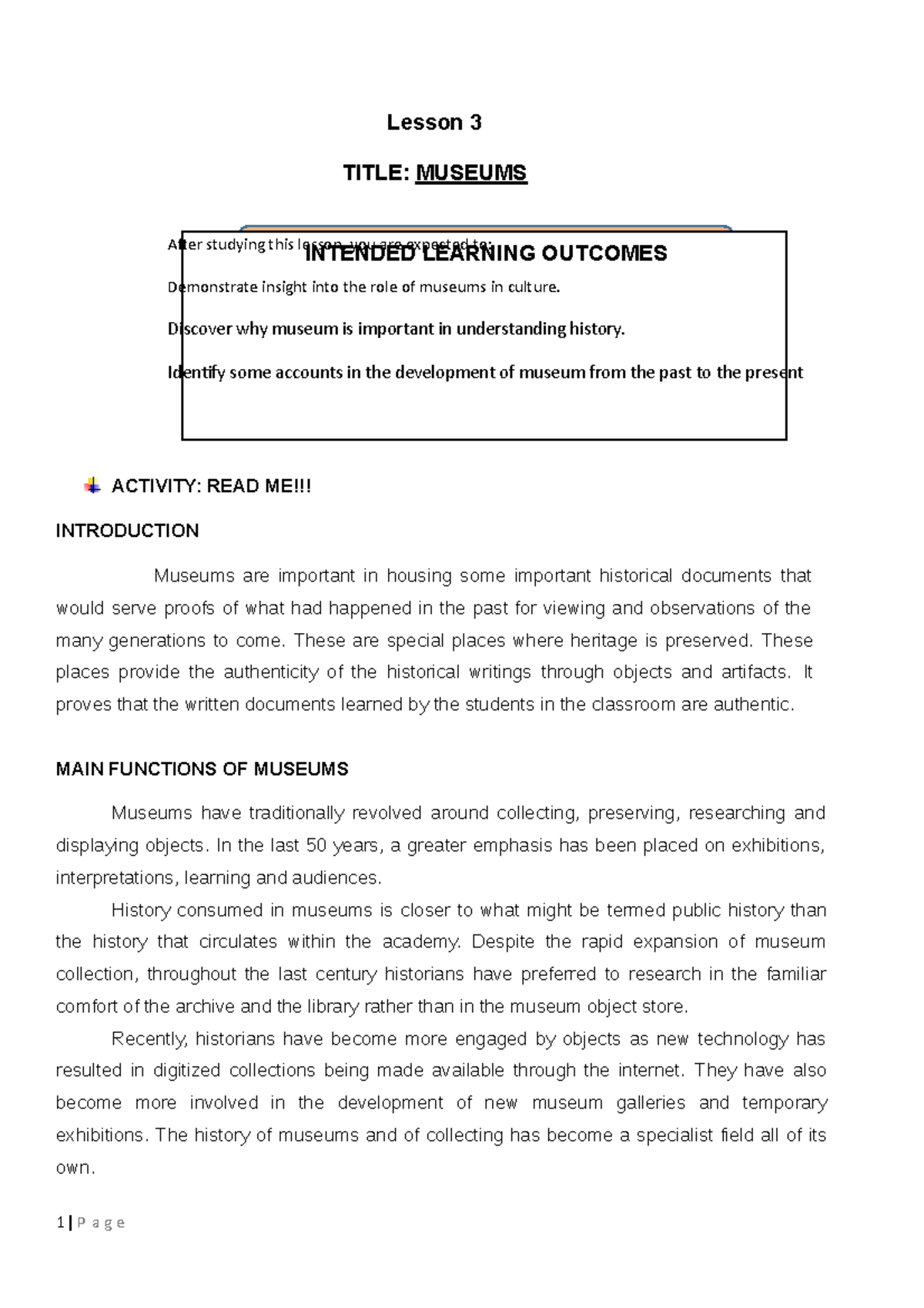 Lesson 3 5 Museums - Module 3 answer key - 1 | P a g e After studying ...