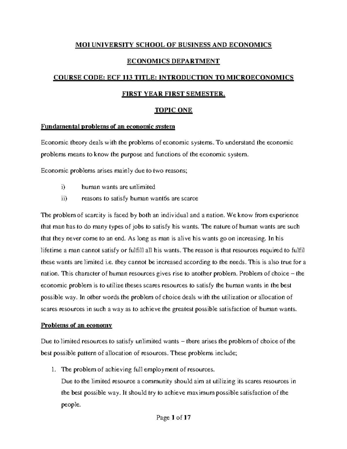 ECF 113: Intro to Microeconomics - Fundamental Economic Problems - Studocu