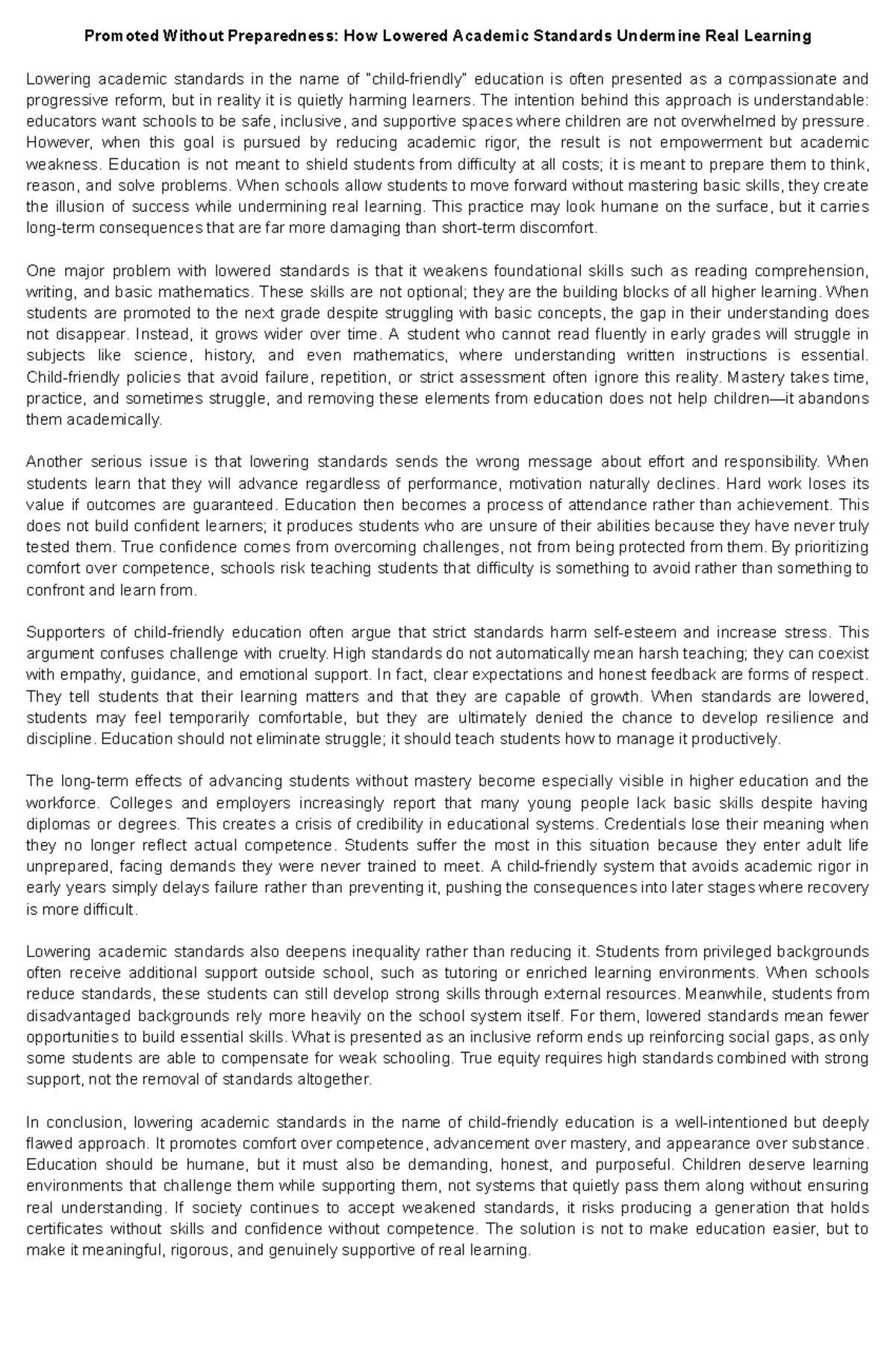 Promoted Without Preparedness: The Dangers of Lowered Academic ...