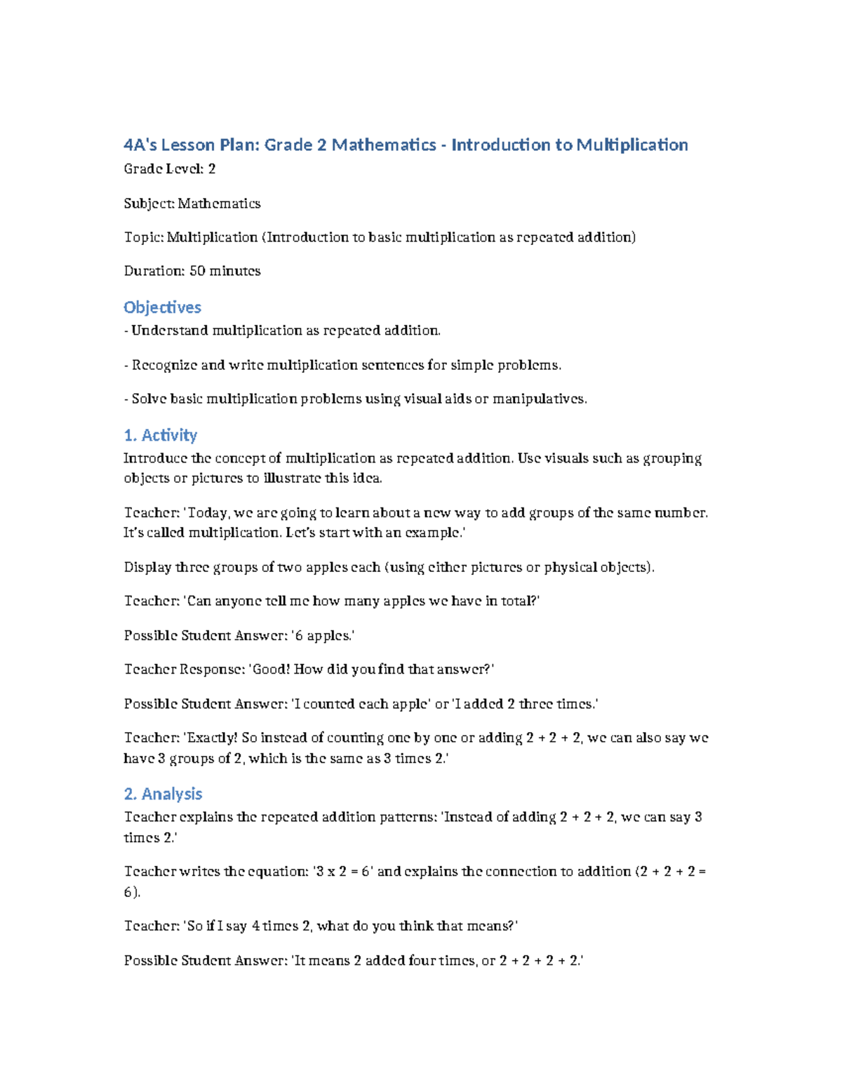 Grade 2 Math Lesson Plan: Intro to Multiplication (4A) - Studocu