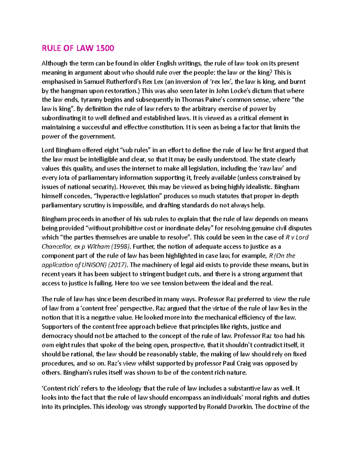 "LAW101: General Essay on the Principles of the Rule of Law" - Studocu