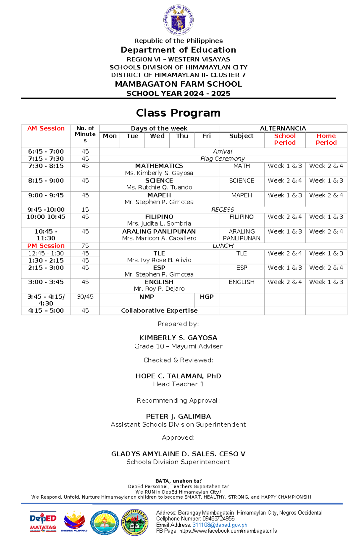 Grade 10 Class Teachers Program (SY 2024-2025) - MFS - Studocu
