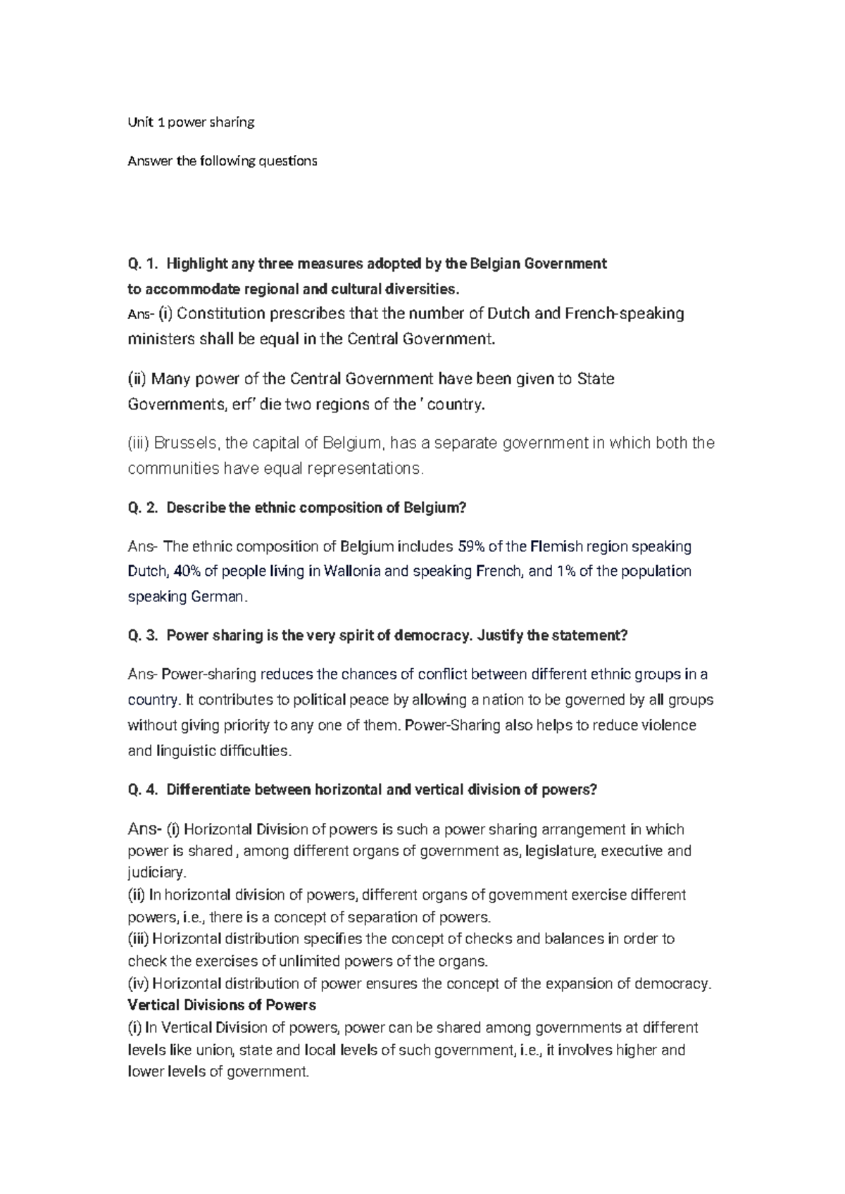 Unit 1 power sharing - question answers - Unit 1 power sharing Answer ...