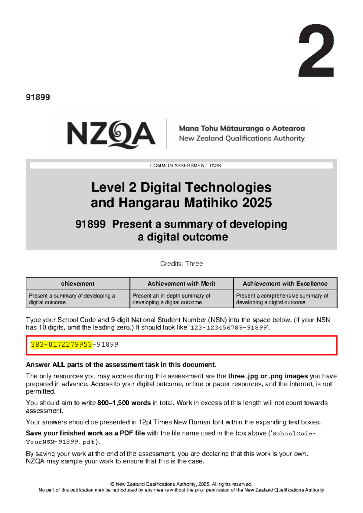 Level 2 Digital Technologies 91899: Common Assessment Task Summary ...